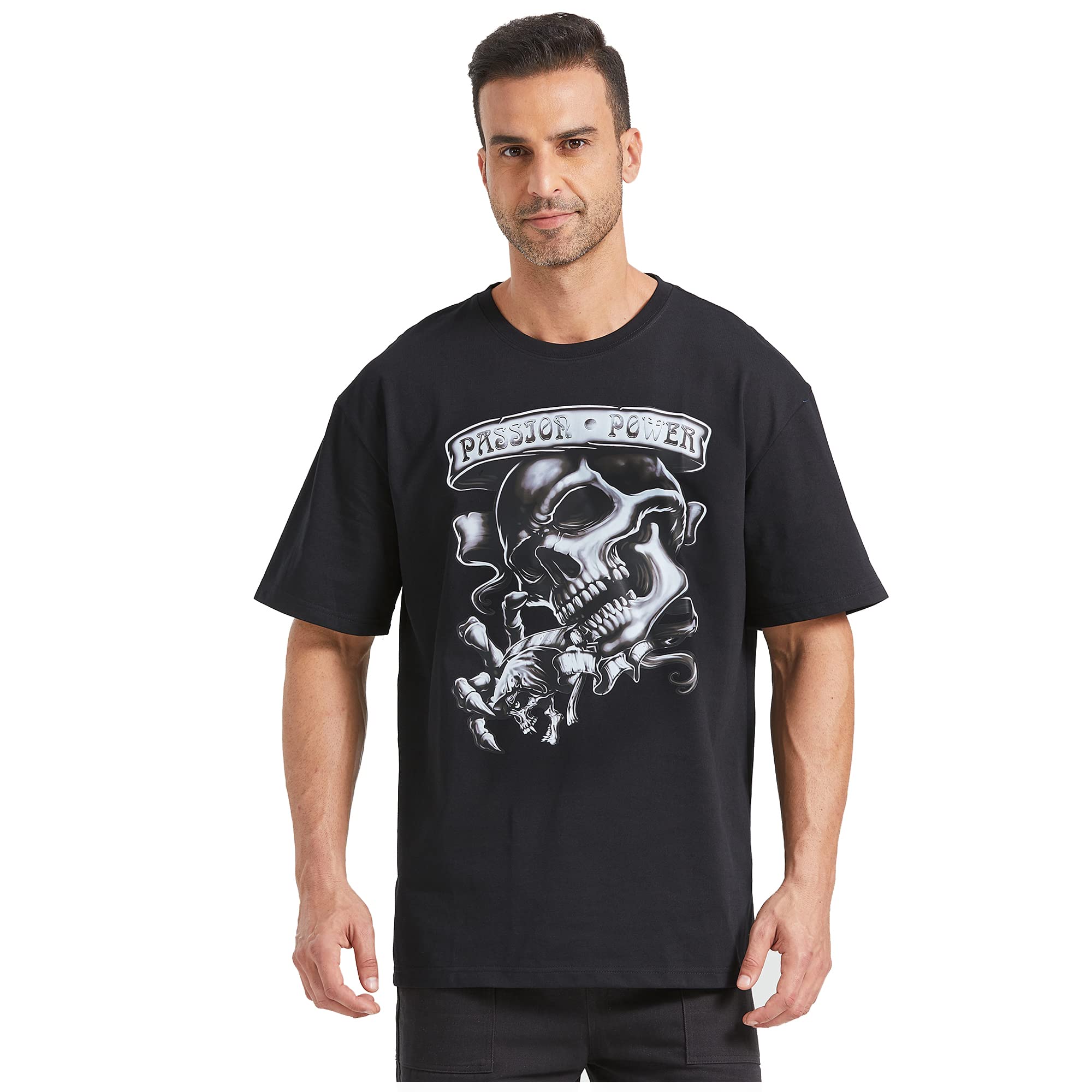 Obacle Men T Shirt, Skull T-Shirt for Men Cotton Short Sleeve Black Shirt (2XL)