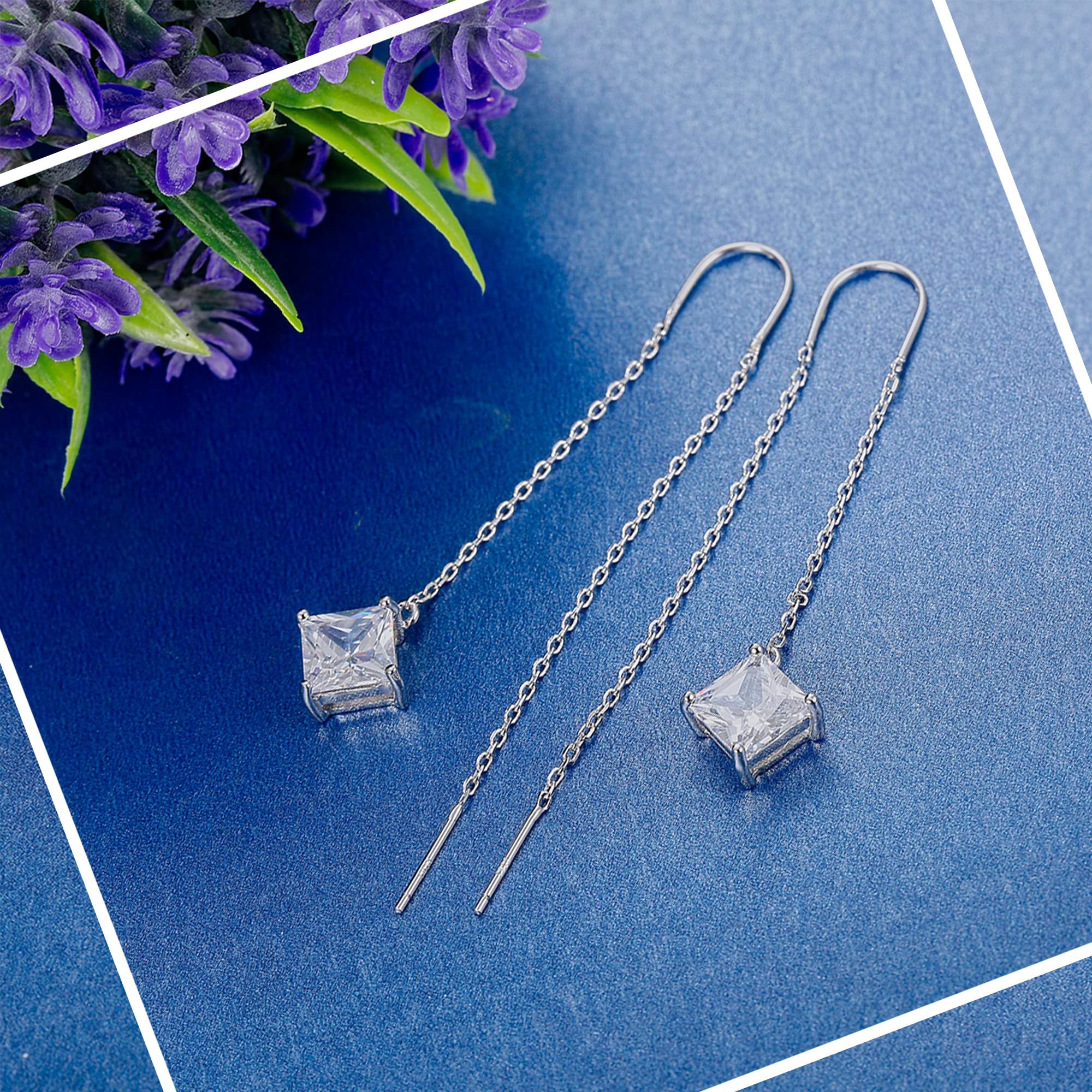 ZELORES 925 Sterling Silver Threader Earrings CZ Droplet Tassel Chain Earrings Silver Long Dangle Earrings for Women