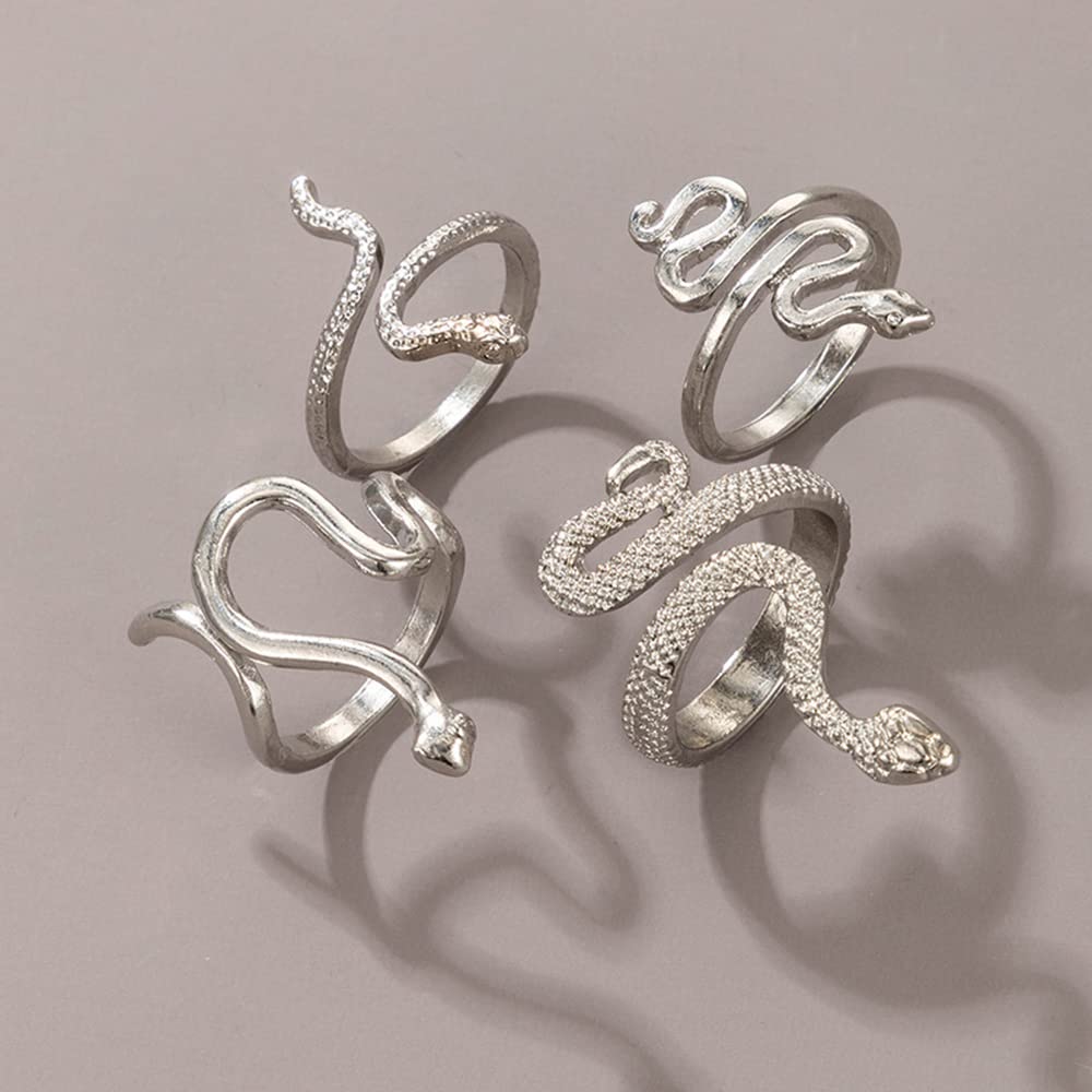 Wekicici 4pcs Snake Rings Set Boho Adjustable Open Stackable Ring Vintage Silver Knuckle Trendy Rings Sets for Women Girls Teens(Silver)