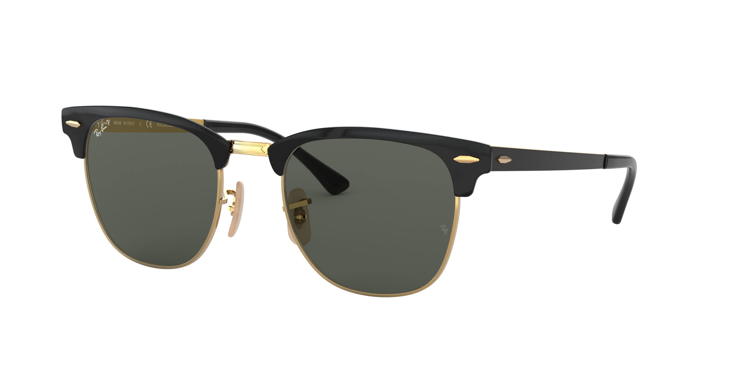 Ray-Ban RB3716 Clubmaster Metal Square Sunglasses, Black On Gold/Polarized G-15 Green, 51 mm