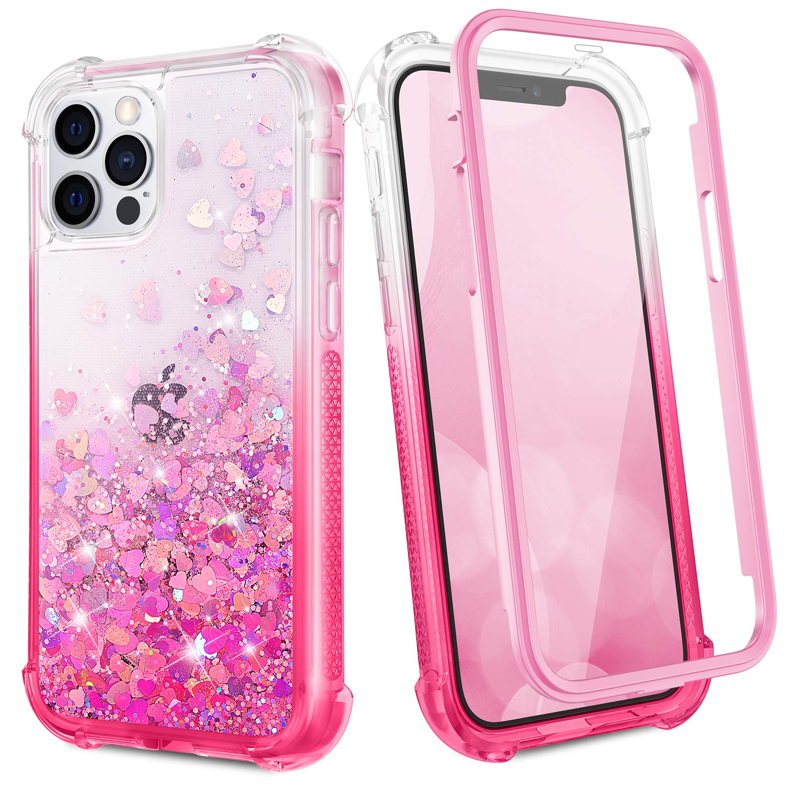Ruky iPhone 12 Pro Case, iPhone 12 Glitter Case Full Body Rugged Liquid Cover with Built-in Screen Protector Shockproof Girls Women Phone Case for iPhone 12/iPhone 12 Pro 6.1”, Gradient Pink