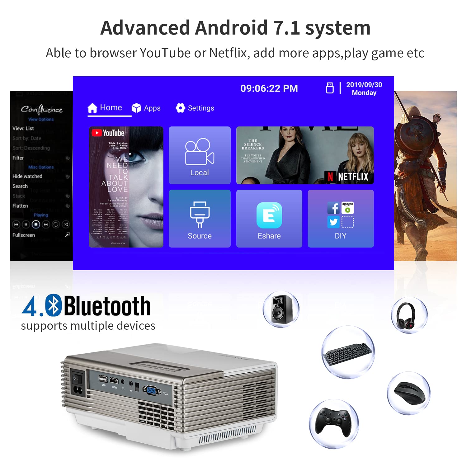 Portable Projector 1080P Support Mini WIFI Projector with Bluetooth Wireless Smart Projector Android 7.1 OS LCD Projector for Home Theater Outdoor movie Gaming Playing