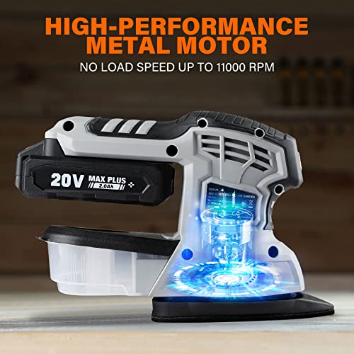 WORKSITE 20V MAX Cordless Random Orbital Sander & Detail Sander, Multi-Purpose Hand Sander w/2.0A Battery & Charger, 20pcs Sanding Discs, Dust Collector and Mouse Pad