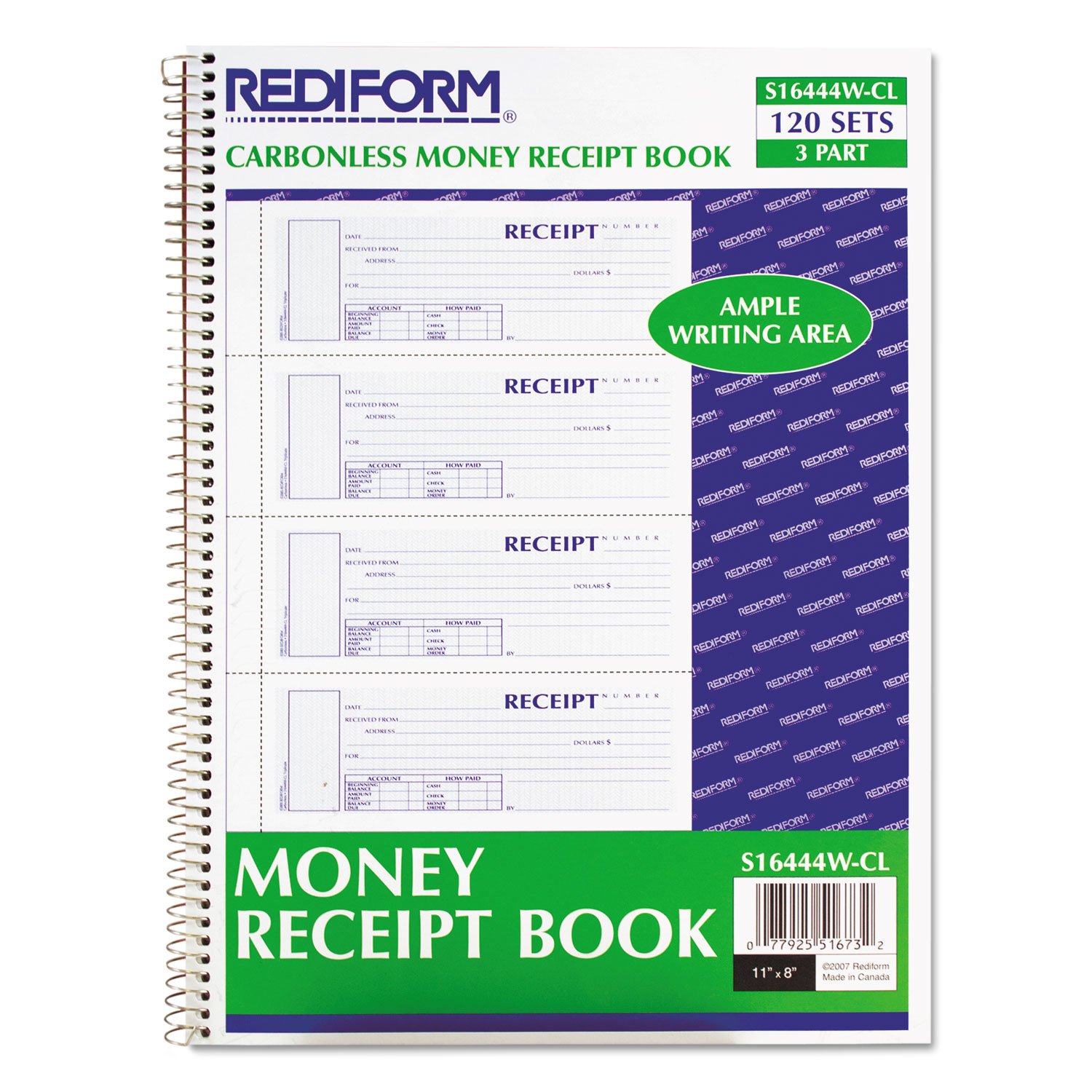 Rediform S16444WCL Spiralbound Unnumbered Money Receipt Book 2 3/4 x 7 Three-Part 120 Sets/Book