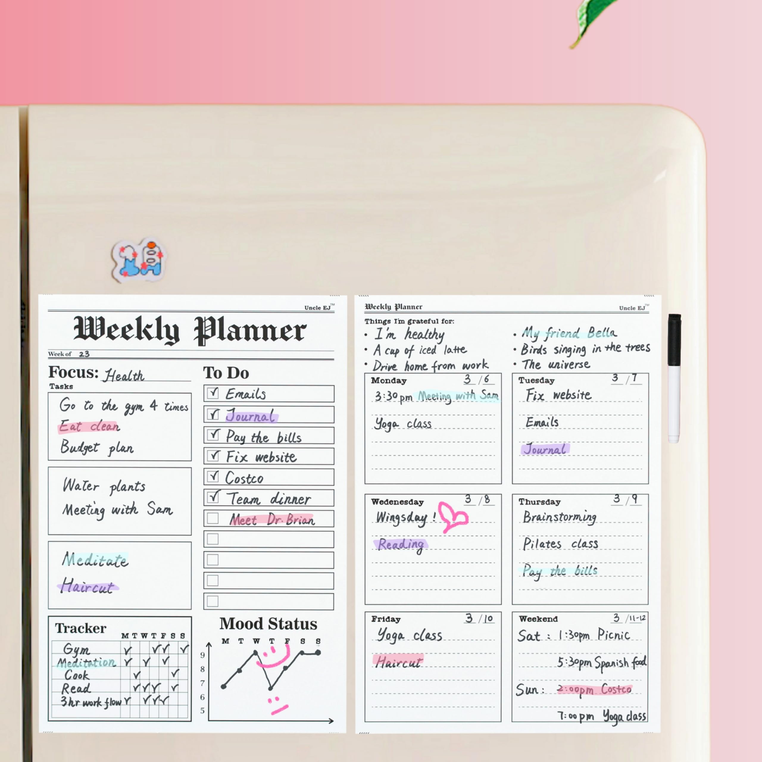 Updated Weekly Planner Magnetic Fridge & Wall, Large Weekly Planner 2023-2024 Dry Erase Sheets, Mood & Habit Tracker Weekly Calendar Pad Tear Off, 60 Pages for Up to One Year Use, 21"x15"