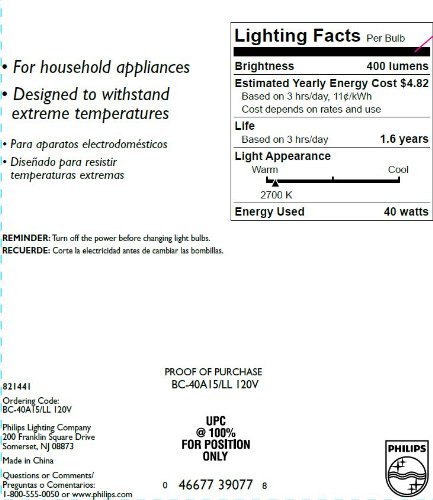 Philips LED 299990 Appliance Light Bulb, 40-Watt, A15 Glass Size, 1750 Hour Life, 1 Light Bulb, Clear, Single