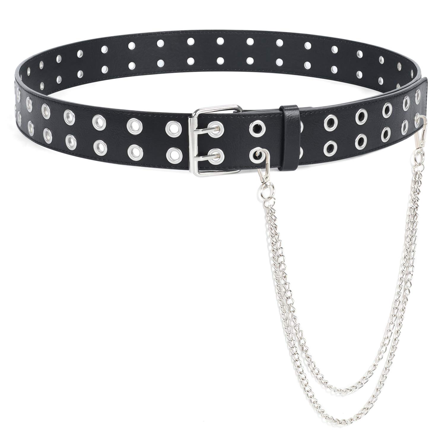 SUOSDEY Double Grommet Leather Belt with Detachable Chain for Women Men,Punk Black Belt with Double Studded Holes for Jeans