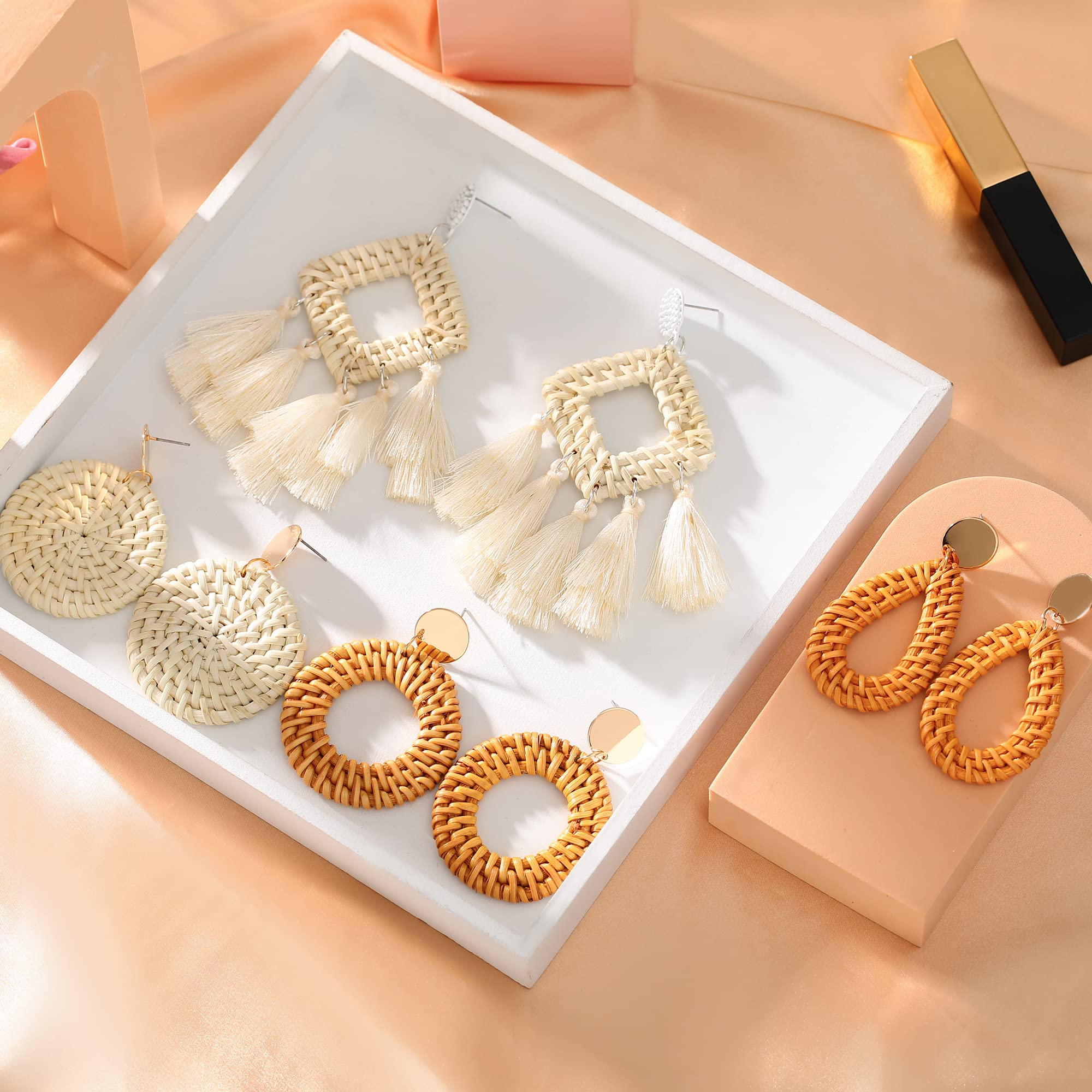 TOSGMY 9-12 Pairs Rattan Earrings for Women Handmade Boho Tassel Earrings Lightweight Acrylic Earrings Set (D)