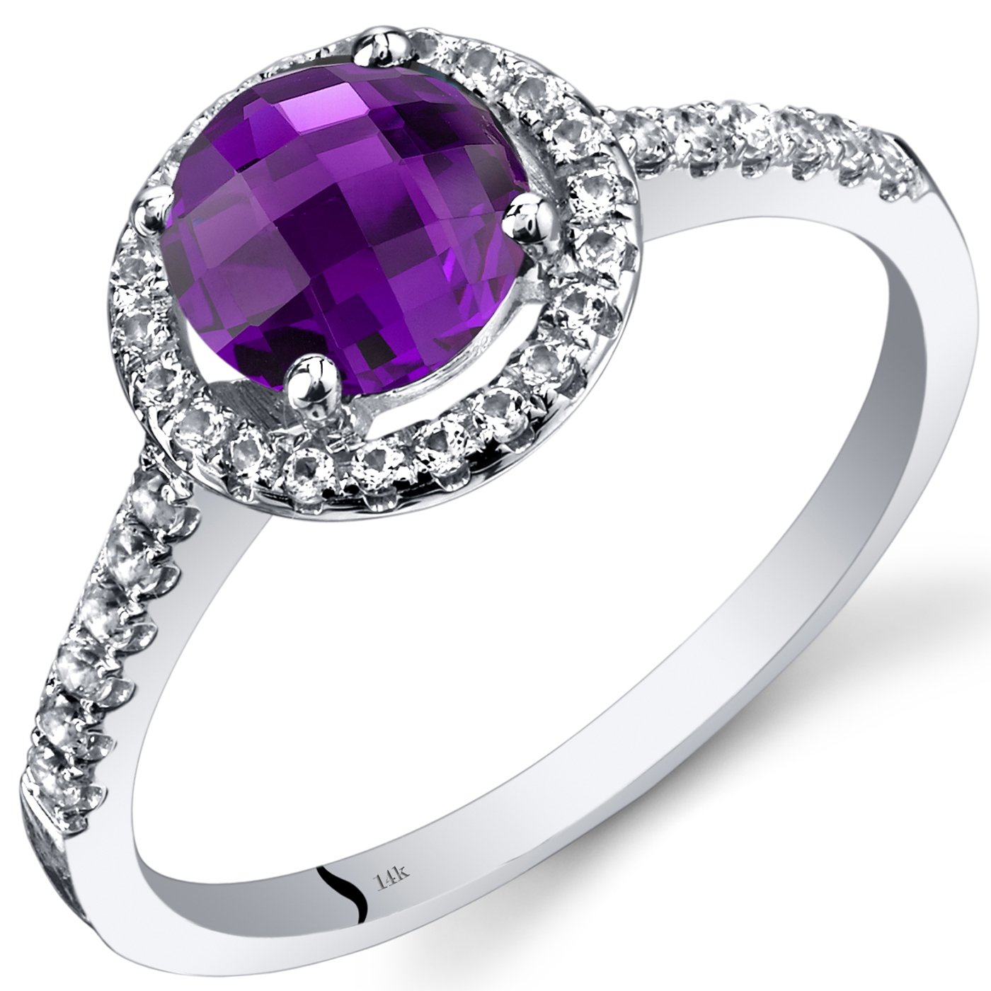 PEORA Amethyst Ring for Women 14K White Gold with White Topaz, Genuine Gemstone Birthstone, 1 Carats Round Shape 6.5mm, Halo Design, Size 8