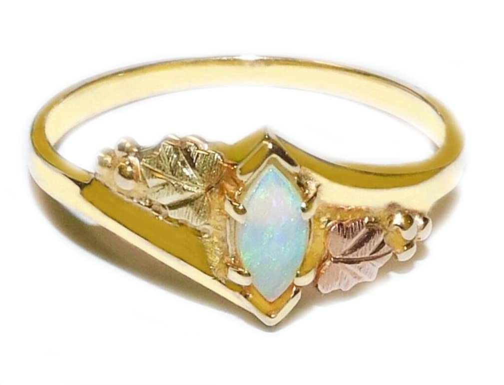Opal Cabochon Marquise Ring, 10k Yellow Gold, 12k Green and Rose Black Hills Gold Size 8