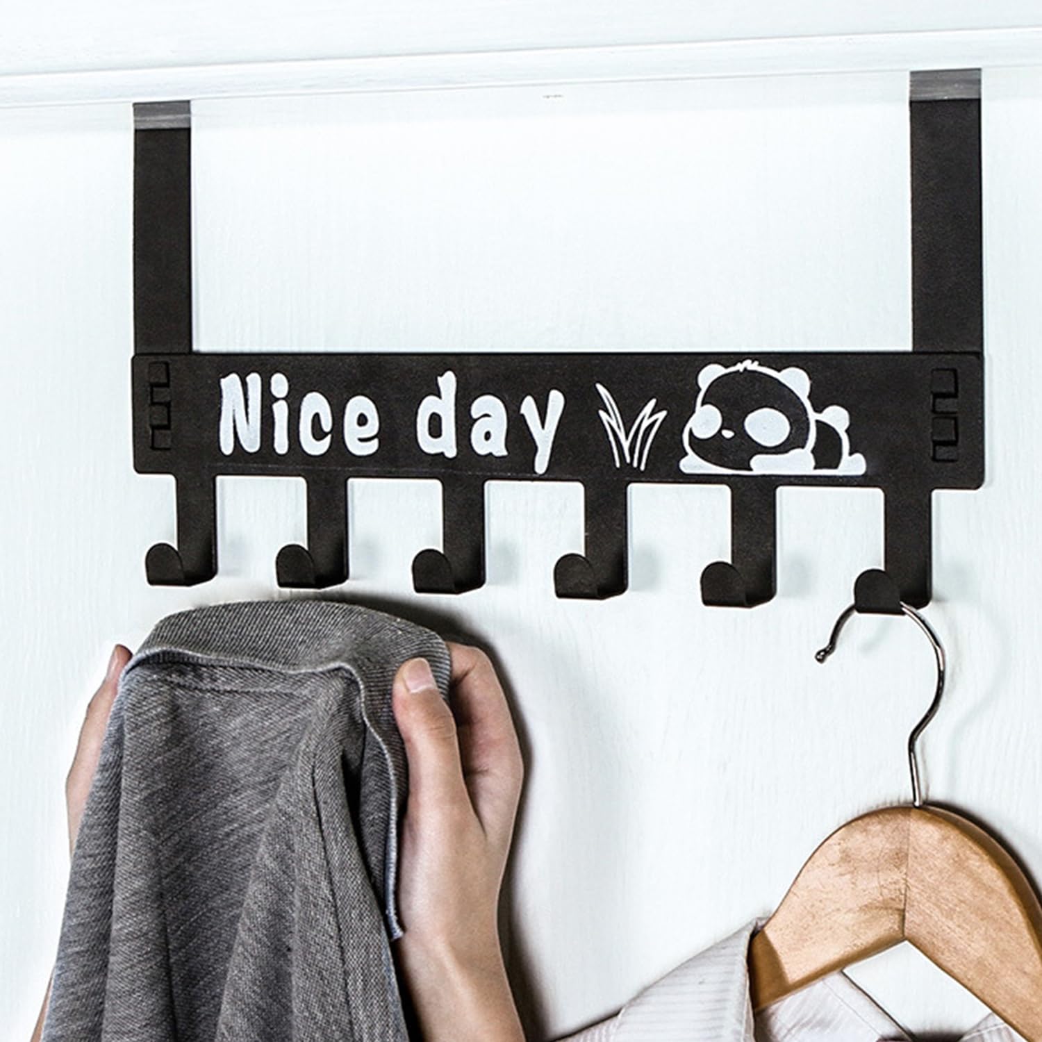 pekox Over The Door Hook with 6 Hooks for Towels, Clothes, and Bathroom Black Door Hanger and Towel Rack, Space Saving Coat Hanger Rack (Black 2)