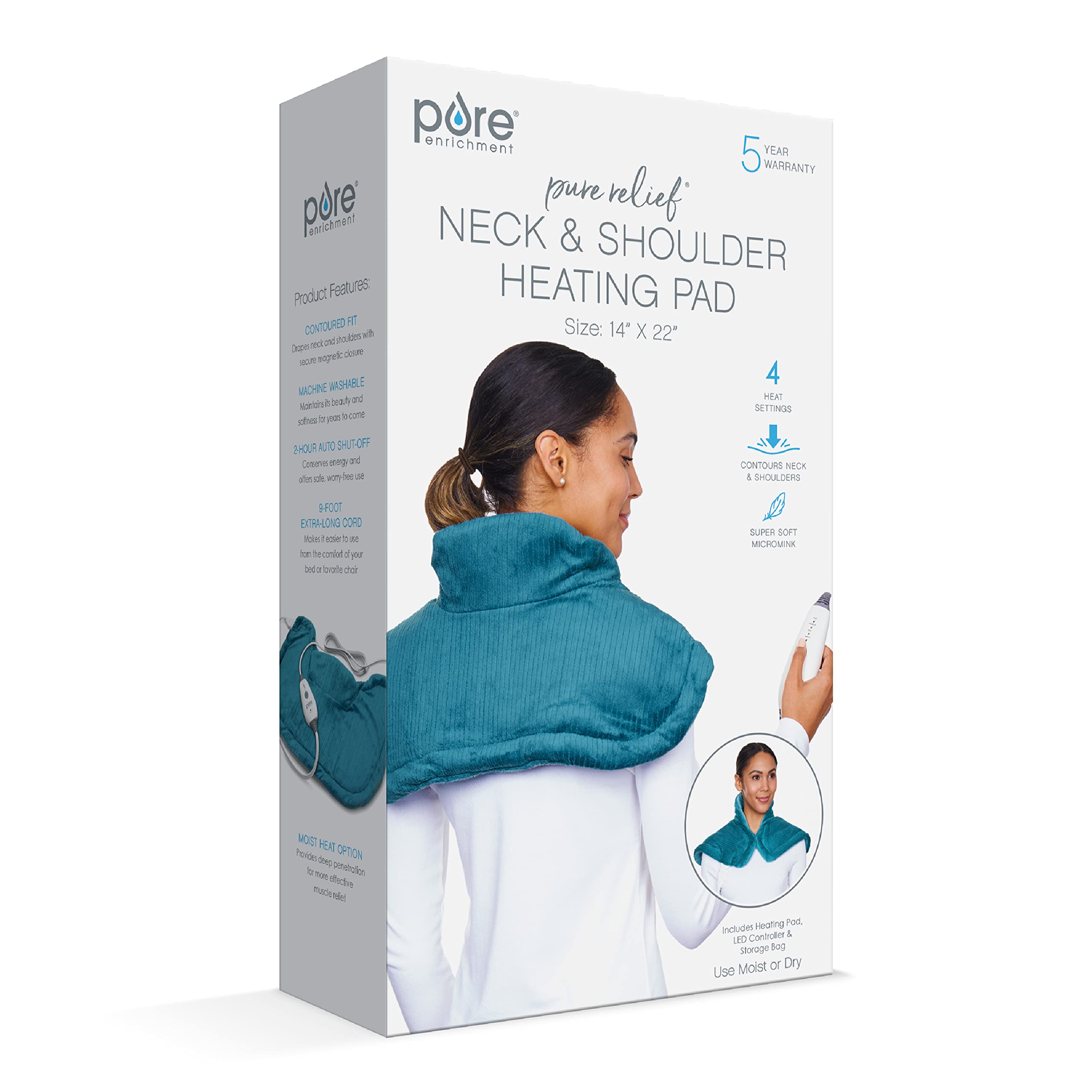 Pure Enrichment® PureRelief® Neck & Shoulder Heating Pad - 4 Heat Settings, Auto Shut-Off, Universal Fit, Magnet Closure, Soft Micromink, Storage Bag, 5-Year Warranty, Machine Wash (Turquoise Blue)