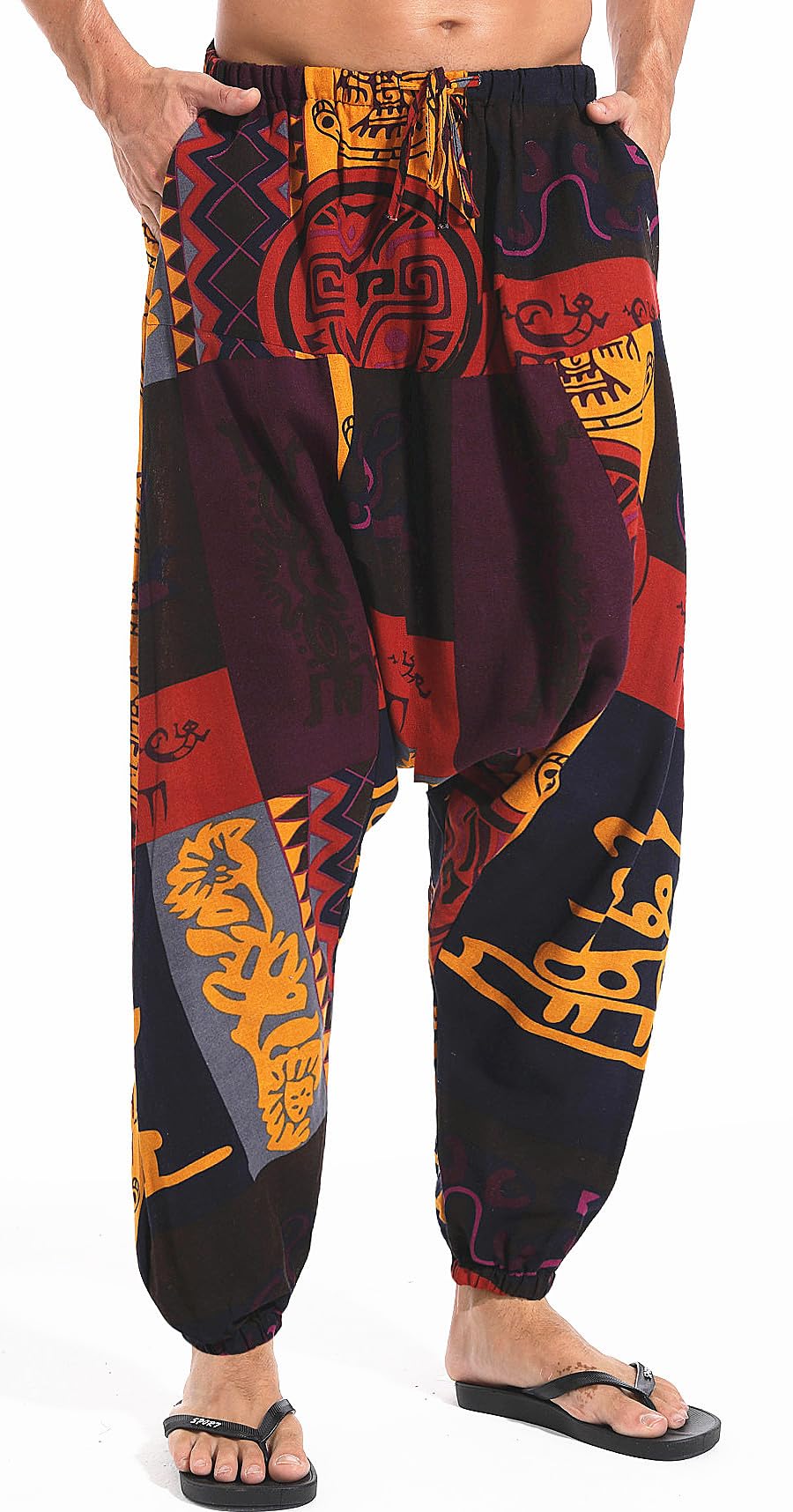 perdontoo Men Women's Harem Pants Drawstring Elastic Waist Aladdin Boho Hippie Drop Crotch Trousers (38, Style 1)