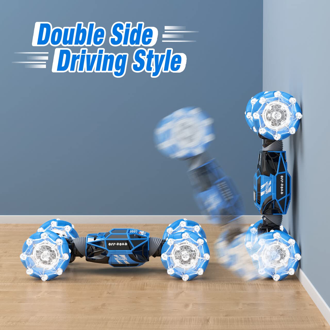 Powerextra LED Gesture Rc Car, 4WD 2.4GHz Remote Control Gesture Sensing Car, Double Sided 360° Rotating Transform Off Road Rc Stunt Car with Lights & Dance for 6-12 Year Old Boys & Girls