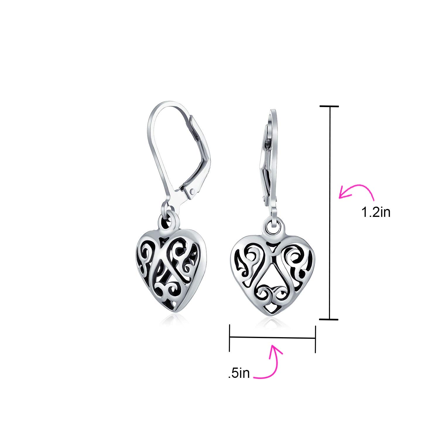 Open Lightweight Scroll Filigree Multi Heart Shape Puff Hearts Drop Dangle Earrings For Women Girlfriend Oxidized .925 Sterling Silver Lever back