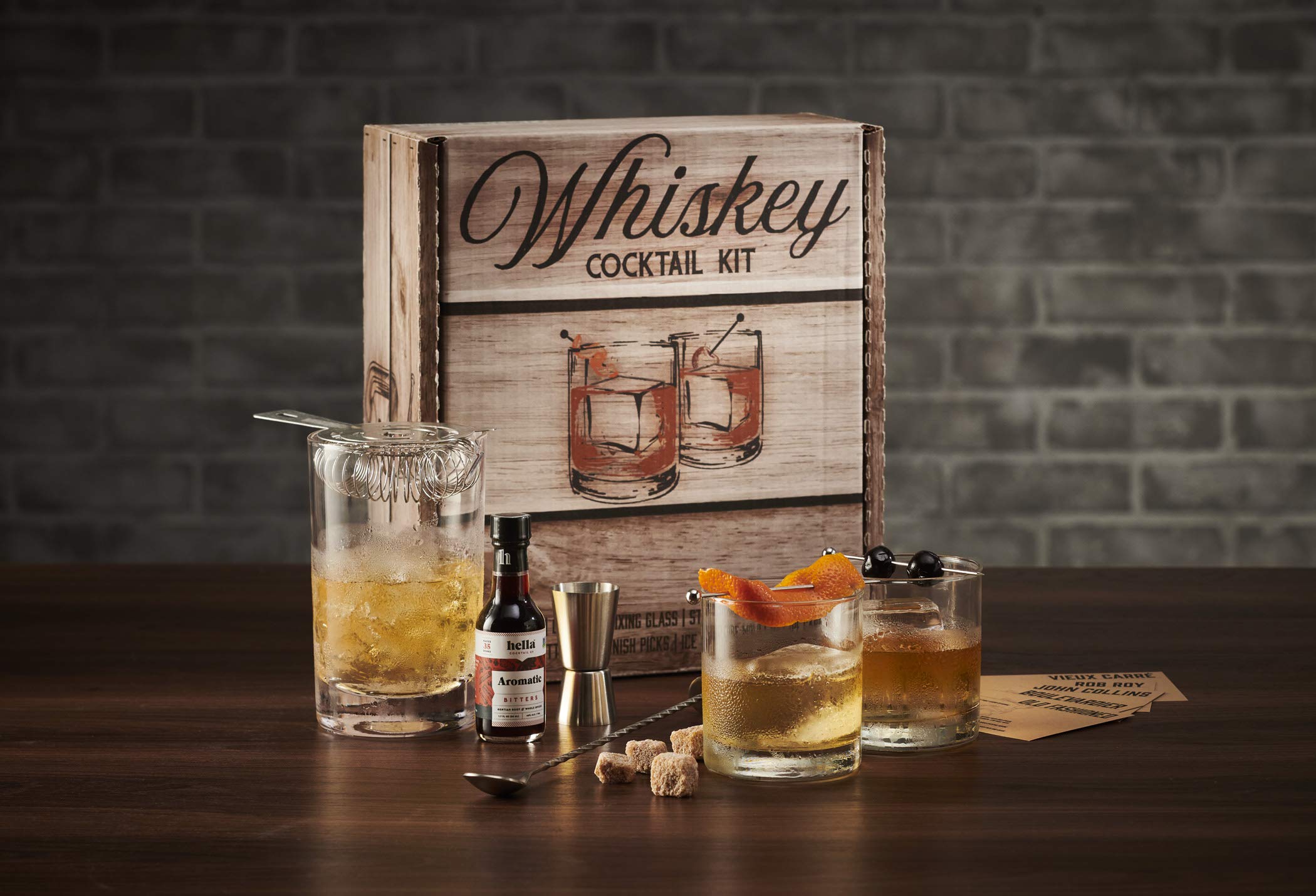 Whiskey Cocktail Kit: Rocks Drinking Glass Set, 750ml Crystal Mixing Glass, Ice Cube Mold, Stainless Bar Spoon Muddler, Strainer, Jigger, Garnish Picks, Bitters, Recipes Cards for Old Fashioned & More