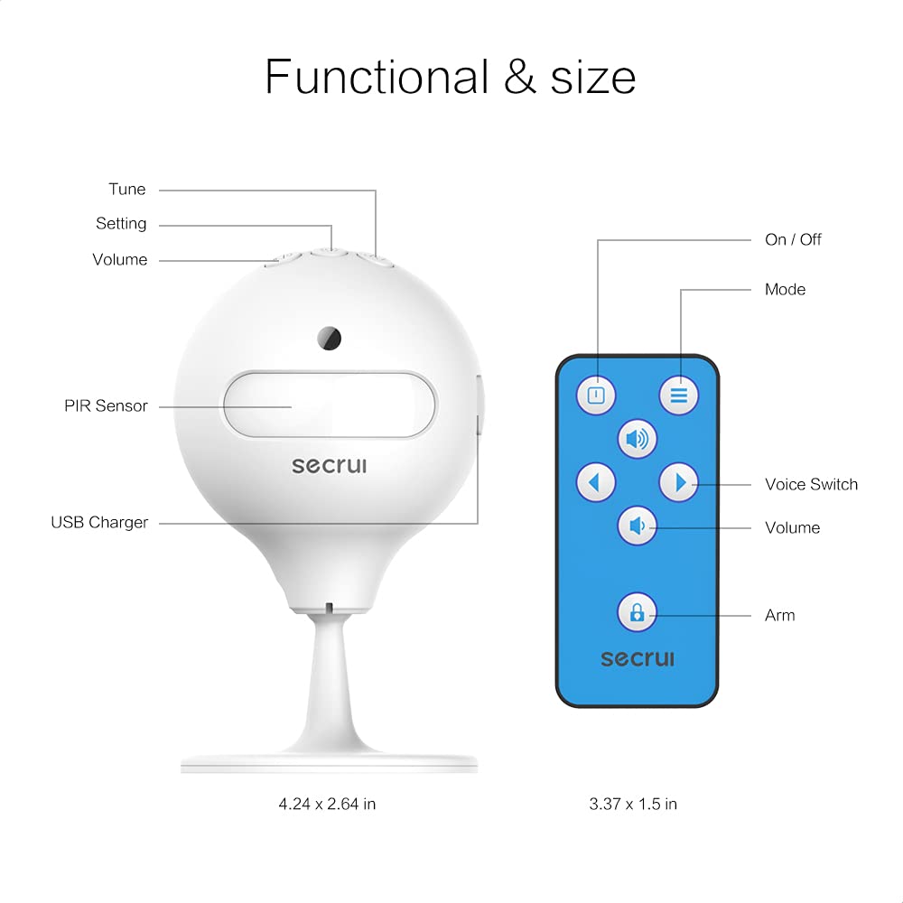 SECRUI Motion Sensor Alarm, 120 dB 5 Door Alarm Modes 4 Volume Levels with Remote Control Indoor Motion Detector Alarm for Home Shop Store