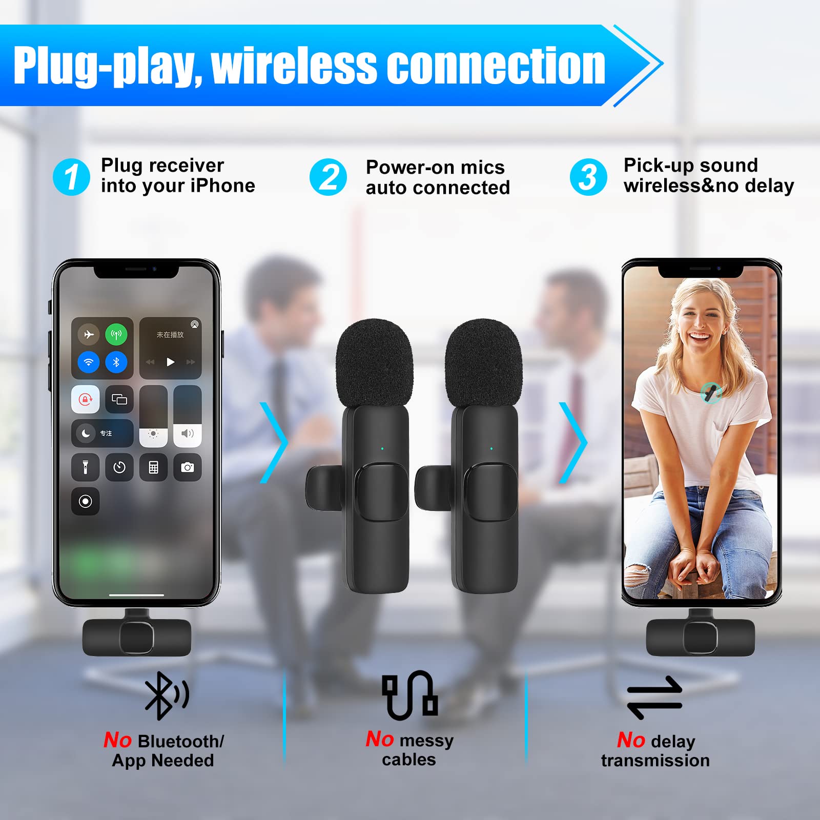 Wireless Microphone for iPhone iPad, Wireless Lavalier Microphone, Plug and Play Ultra-Low Latency Built-in Noise-Canceling Chip Long Working Time Wireless Mic for iPhone Video Recording, Live Stream