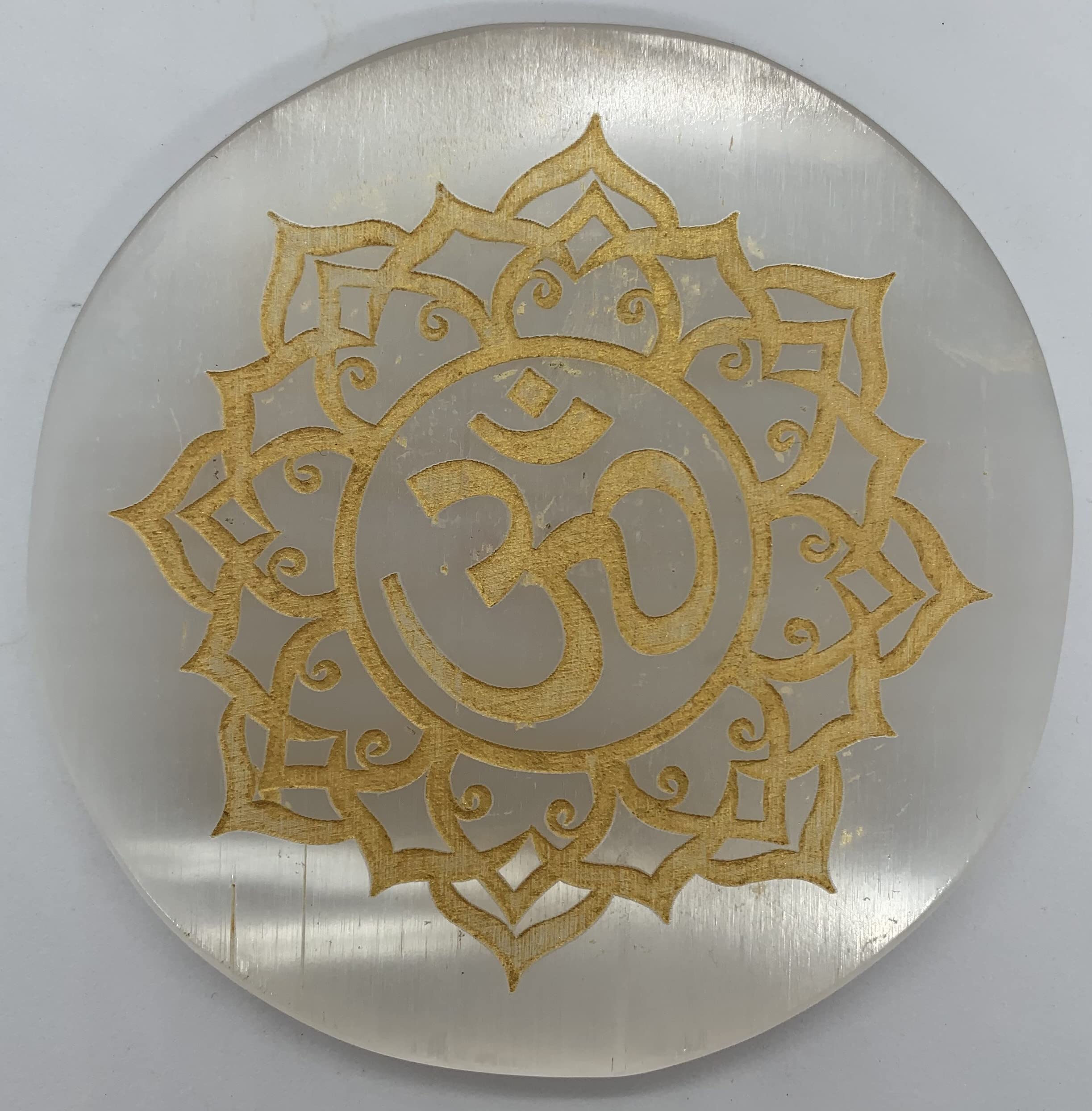 WeLoveCrystals Gold Om Selenite Charging Plate 3.5" Round Handmade Polished Flat Crystal Disc for Charging Crystals and Cleansing