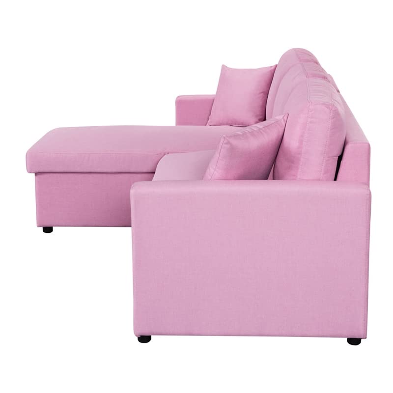 Pemberly Row Pink Fabric Reversible Sleeper Sectional Sofa w/Storage Chaise