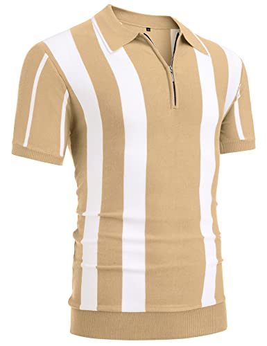 URRU Mens Casual Athletic Golf Polo Shirts Turn Down Collar Zipper Vertical Shirt Khaki XL