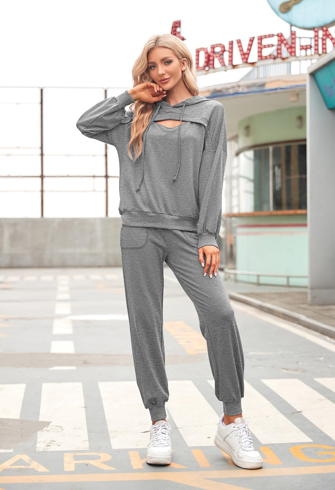 Pink Queen Women's Two Piece Lounge Set Sweatsuits Casual Fall Cutout Pullover Hoodies Tracksuit Ladies Running Active Drawstring Pants With Pockets Light Grey L