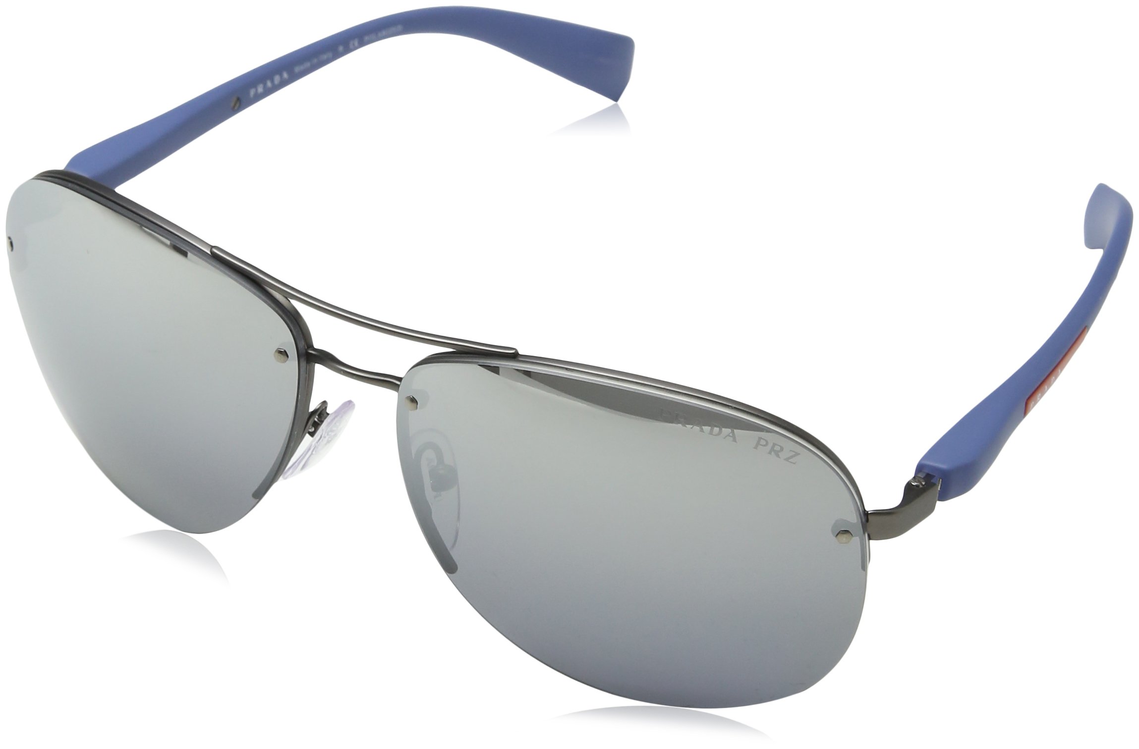 Prada Linea Rossa PS 56MS DG12F2 Gunmetal Rubber Metal Aviator Sunglasses Silver Mirror Polarized Lens