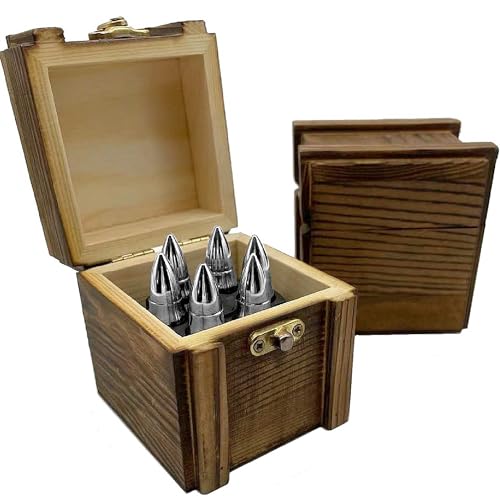 Whiskey Stones Large 6 Laser Engraved Stainless Steel Silver Bullets with Revolver Barrel Base Reusable Chilling Rocks Stone Ice Cubes Chillers Birth Day Gift Set for Father's Day, Military Man