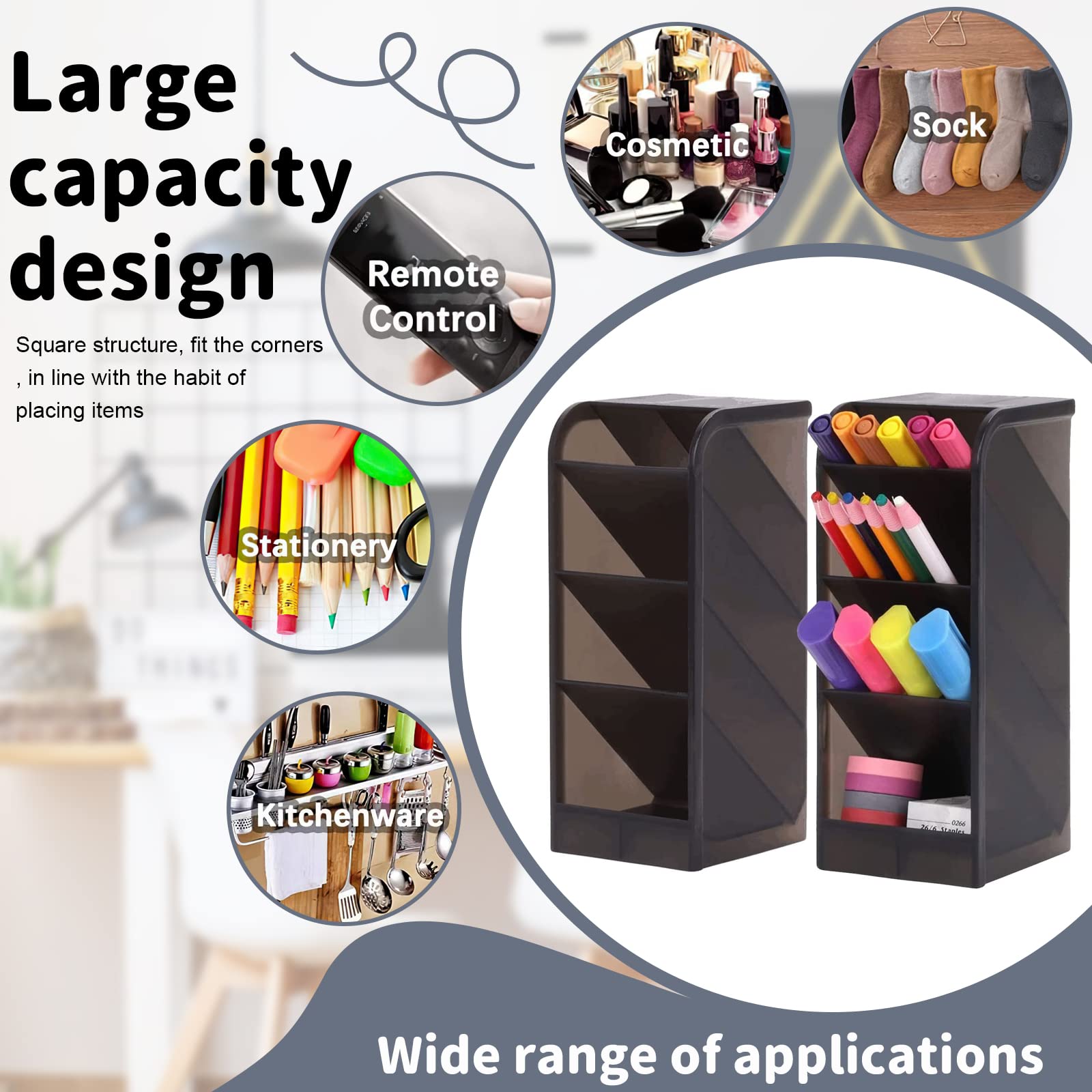 Pen Holder, Pen Organizer Storage, 2 Pcs Desk Organizer Pen Holders, Pencil Holder with 4 Compartments for Office, School, Home Supplies (Black)