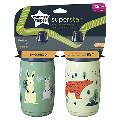 Tommee Tippee Superstar Insulated Sporty Toddler Sippy Cups, INTELLIVALVE Leak-Proof & Shake-Proof (9oz, 12+ Months, 2 Pack), Green