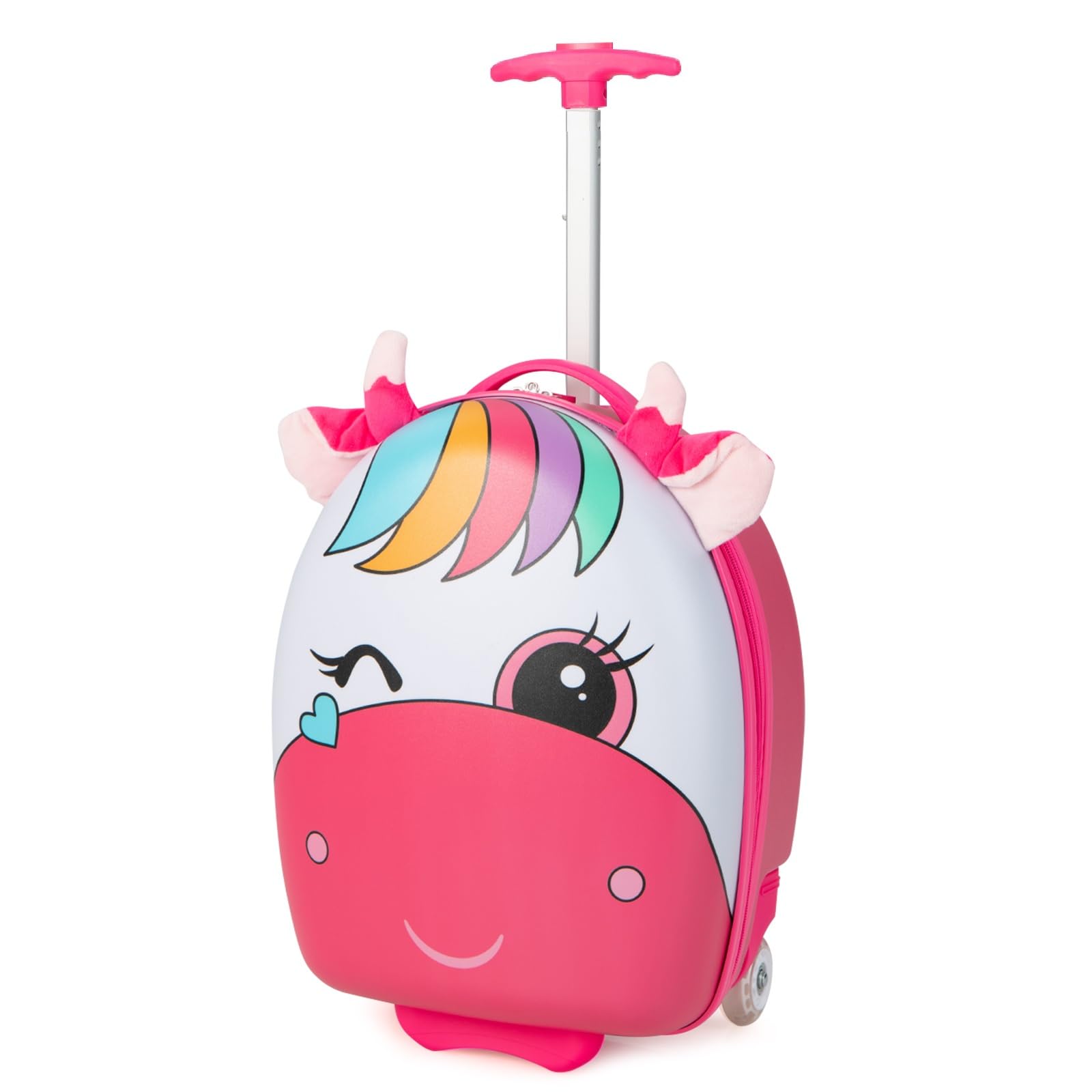 Olakids Kids Luggage, 16โโ Carry On Rolling Suitcase for Girls Boys with LED Flashing Spinner Wheels, Travel Trolley Hardside Case for Toddlers (Pink Pony)