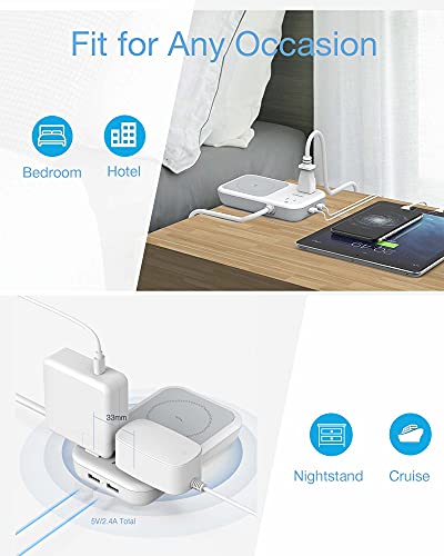 Small Power Strip 2 USB 1 Wireless Charger, TESSAN Mini Flat Plug Nightstand Desktop Charging Station with 2 Outlet 4 ft Extension Cord, Compatible with iPhone for Dorm Room Cruise