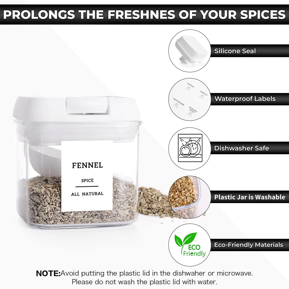 XOTAISM Seasoning Containers with Labels - 9 Pcs Big Plastic Spice Storage Containers with 148 Spice Labels and 9 Spoons - Square Stackable Kitchen Small Airtight Food Storage Containers with Lids