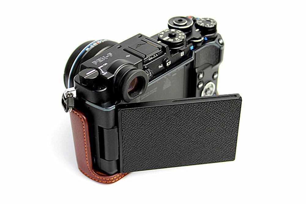 PEN-F Case, BolinUS Handmade Genuine Real Leather Half Camera Case Bag Cover for Olympus PEN-F Bottom Opening Version + Hand Strap - Coffee