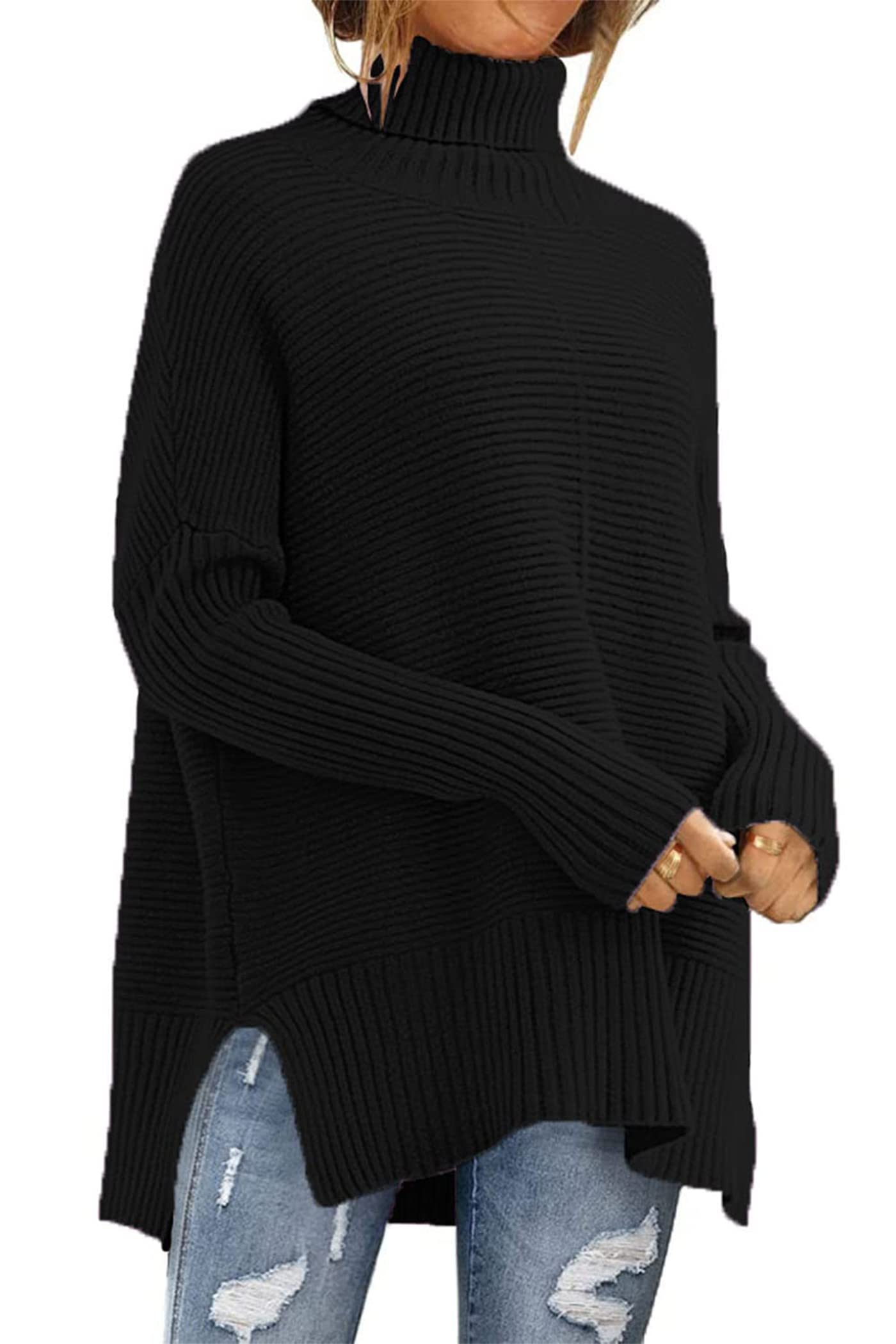 PRETTYGARDEN Women's Fall Oversized Turtleneck Sweater Casual Long Sleeve Chunky Knit Pullover Winter Tops Blouse (Black,Large)
