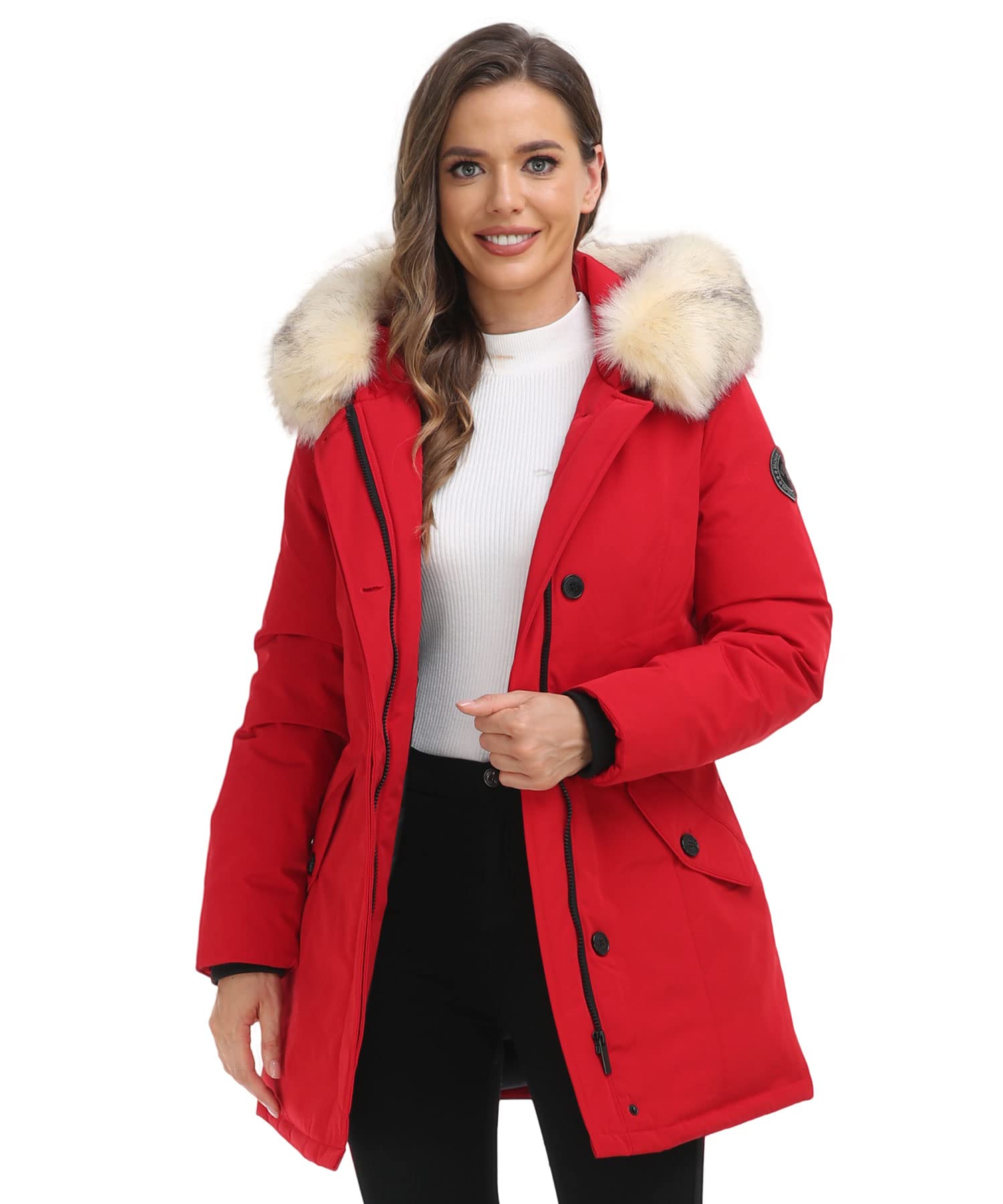 PUREMSX Winter Down Jacket Women, Windproof Spring Hiking Outdoor Puffer Coat Padded Skiing Long Parka Gift,Red,Large