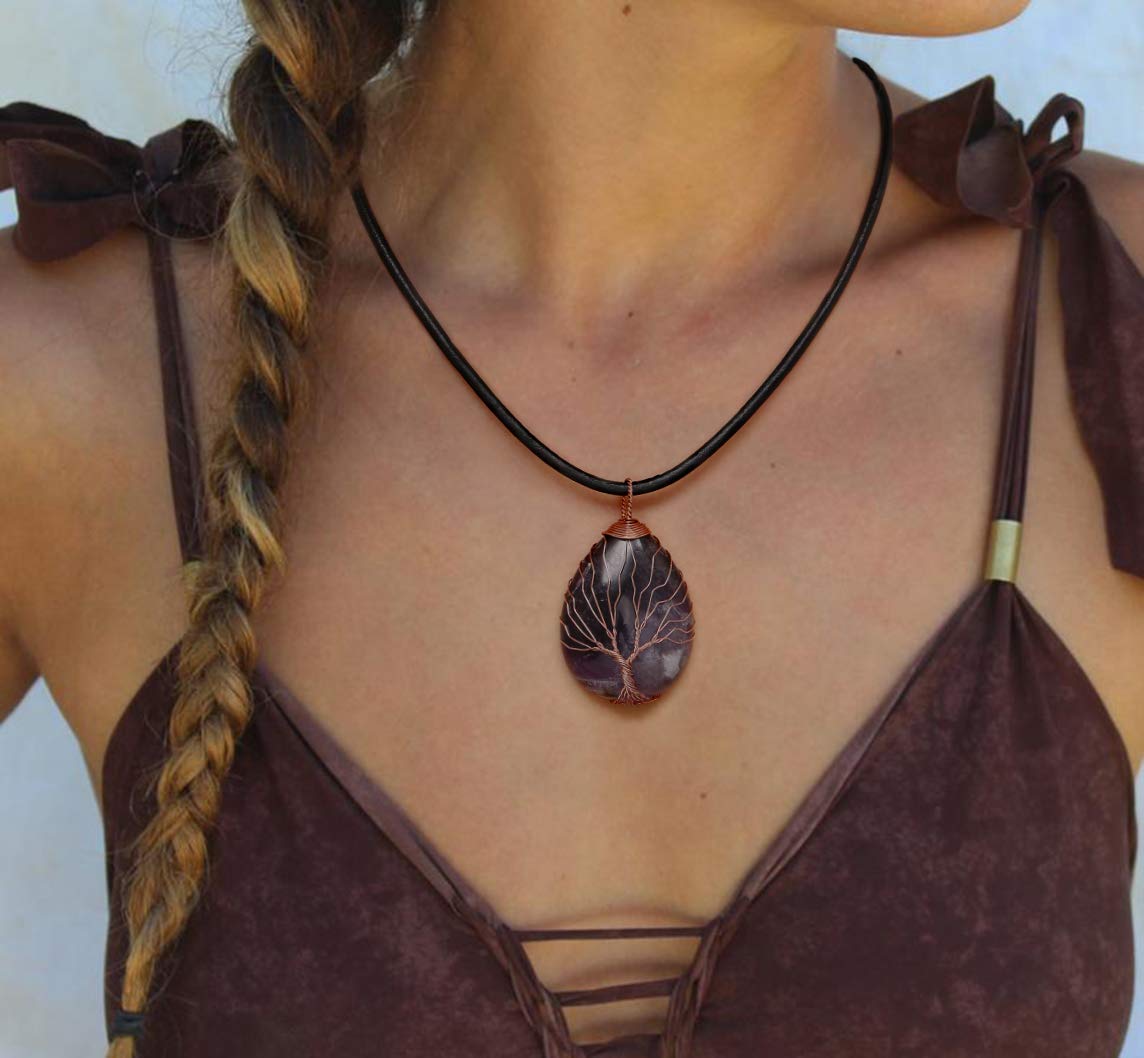 POTESSA Crystal Necklace Healing Amethyst Crystals Necklace Leather Cord Choker Chakra Gemstone Jewelry