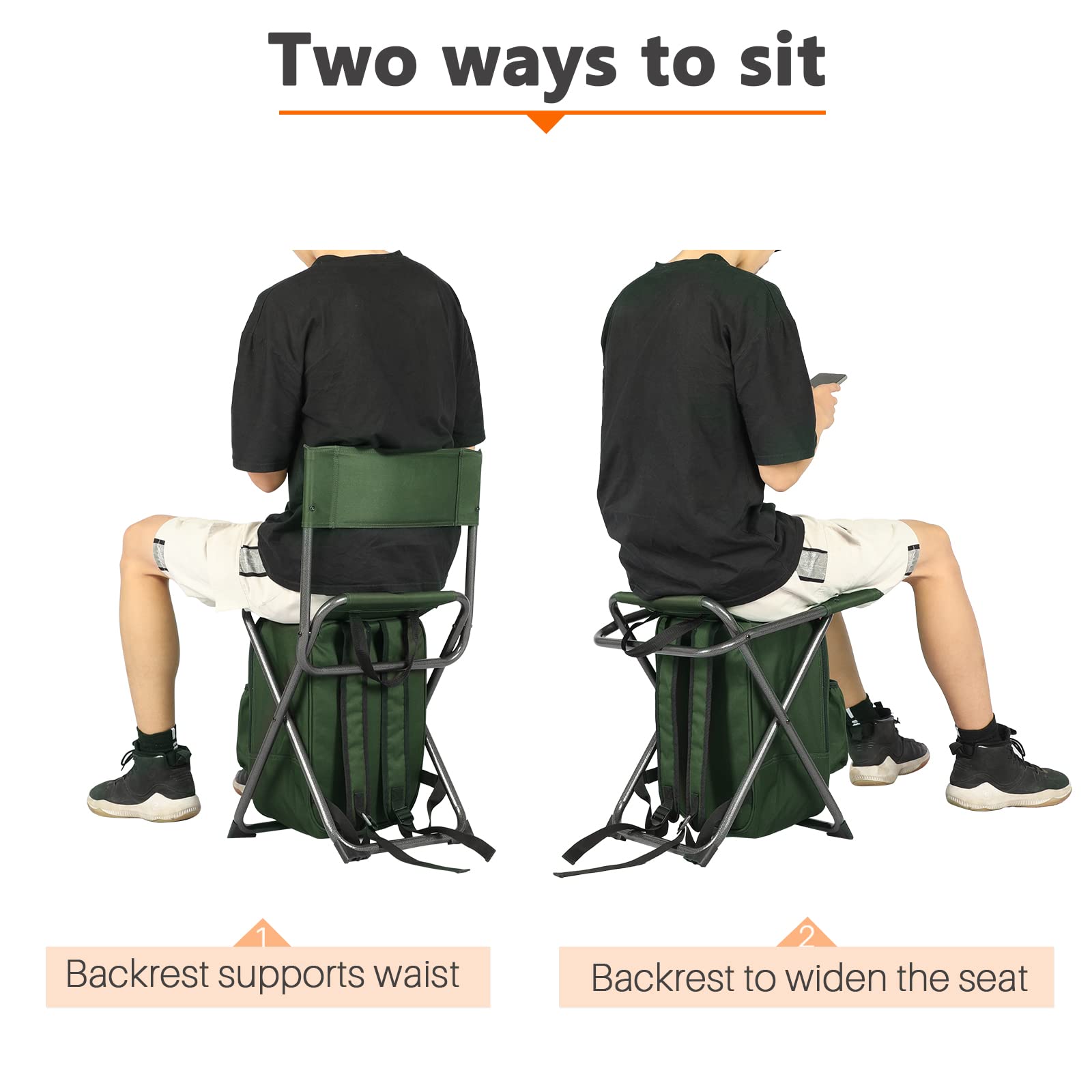 PORTAL Lightweight Backrest Stool Compact Folding Chair Seat with Cooler Bag and Backpack Straps for Fishing, Camping, Hiking, Supports 225 lbs
