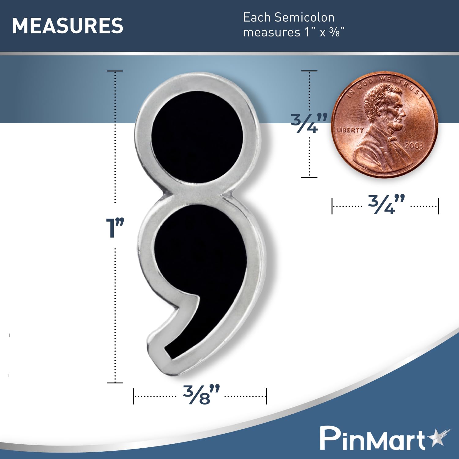 PinMart Semicolon Mental Health Awareness Pin β Silver Plated Black Enamal Lapel Pin for Suicide Awareness and Prevention - Secure Clutch Back for Hats, Scarves and Backpacks