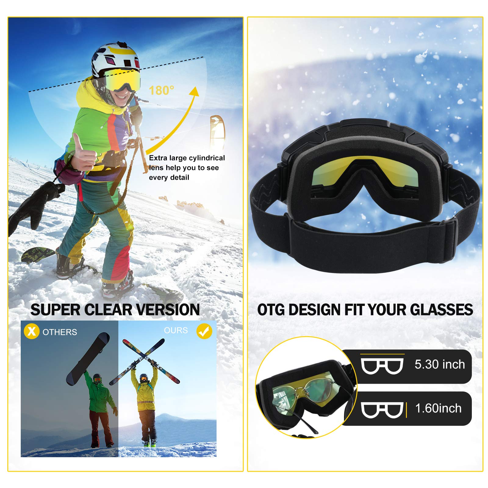 RAYMEA Ski Goggles Anti Fog Clear View Snow Goggles with Interchangeable Lens snowmobile goggles Men & Women