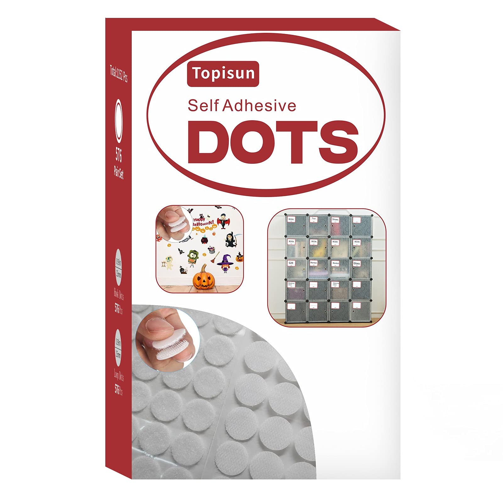Self Adhesive Dots 1152 Pieces(576 Pair) 0.59" Diameter Strong Hook & Loop Sticky Back Coins Reusable Heavy Duty for School Classroom Home Topisun Brand