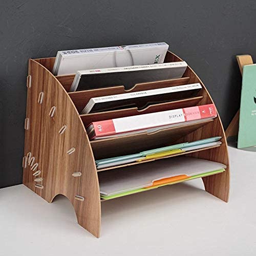 PENGKE File Sorter Organizer 6 Slots,Fan Shaped Mail Letter Document Magazine File Folder Holder,Office Desktop Organizer,Brown