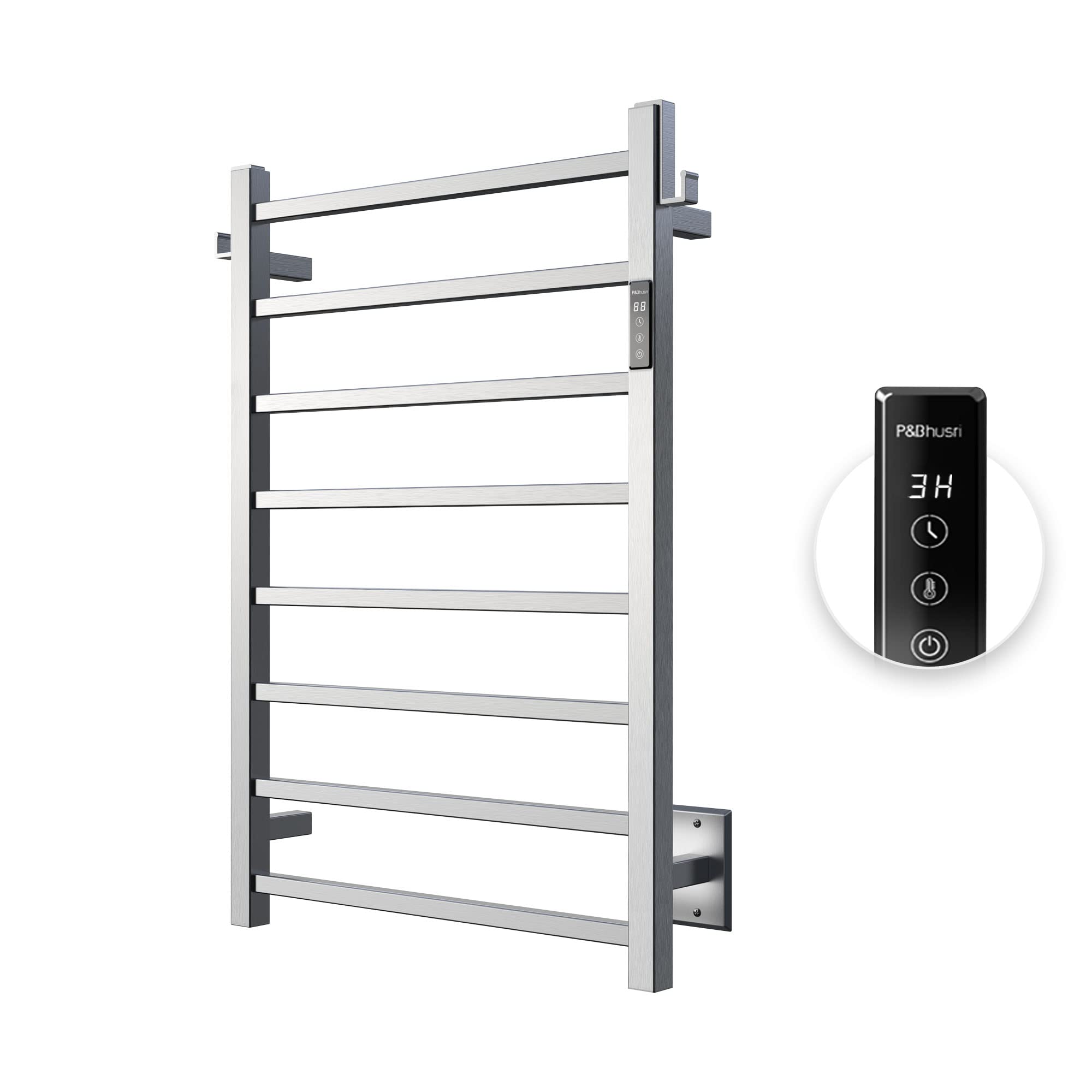 P&Bhursri Towel Warmer, 8-Bar Heated Towel Rack for Bathroom, Electric Towel Warmer with Timer & Temperature Multi-Level Adjustments, Brushed, Plug-in/Hard-Wired
