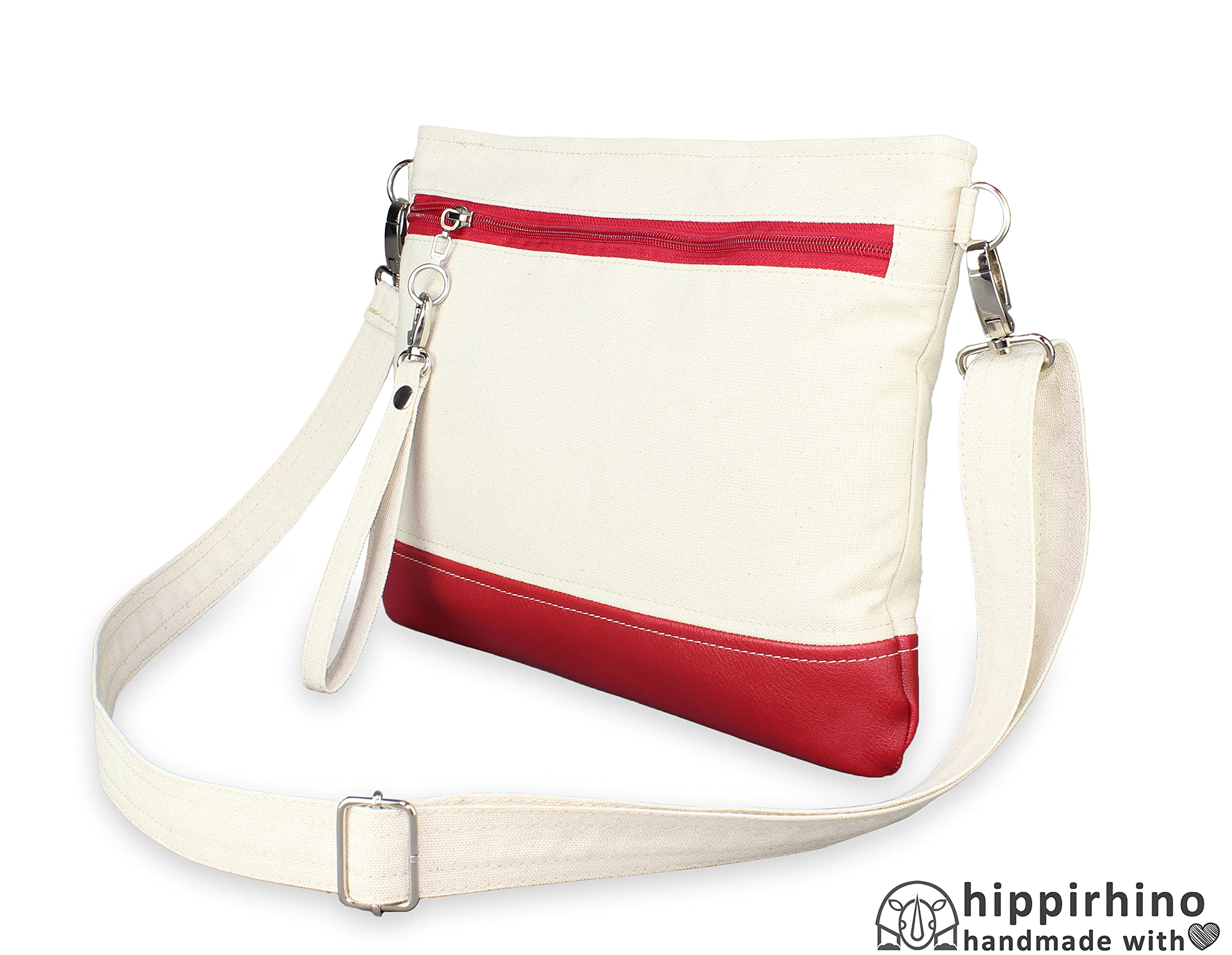 Natural Cotton Crossbody Wristlet Clutch Eco-Friendly Vegan Faux Leather Bag Phone Tablet Case Detachable Strap Unbleached Raw Canvas Fabric (Red)