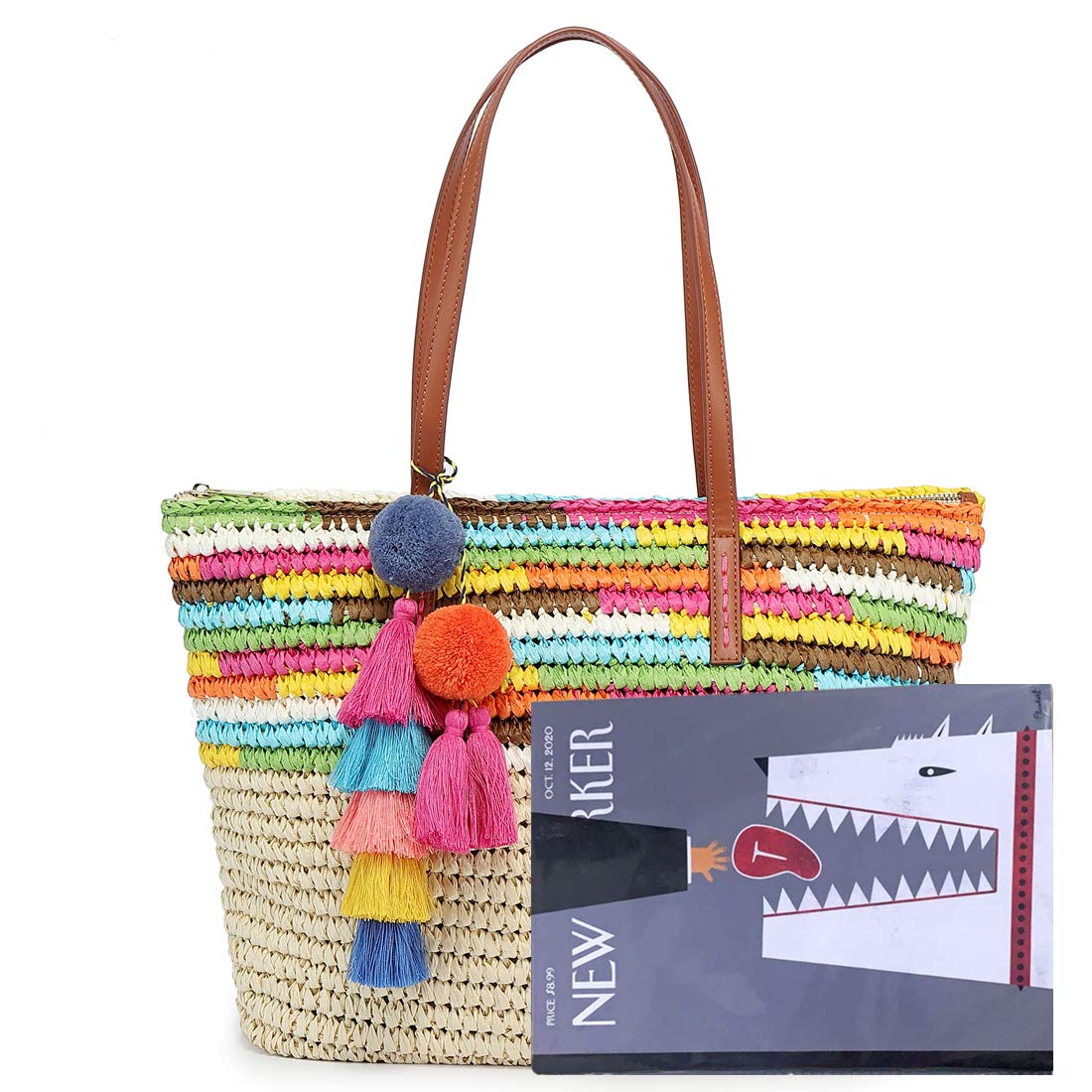 SkiPack Multi Color Summer Straw Zipper Tote Purse Large Beach Shoulder Bag with Pom Pom and Tassel (Beige)