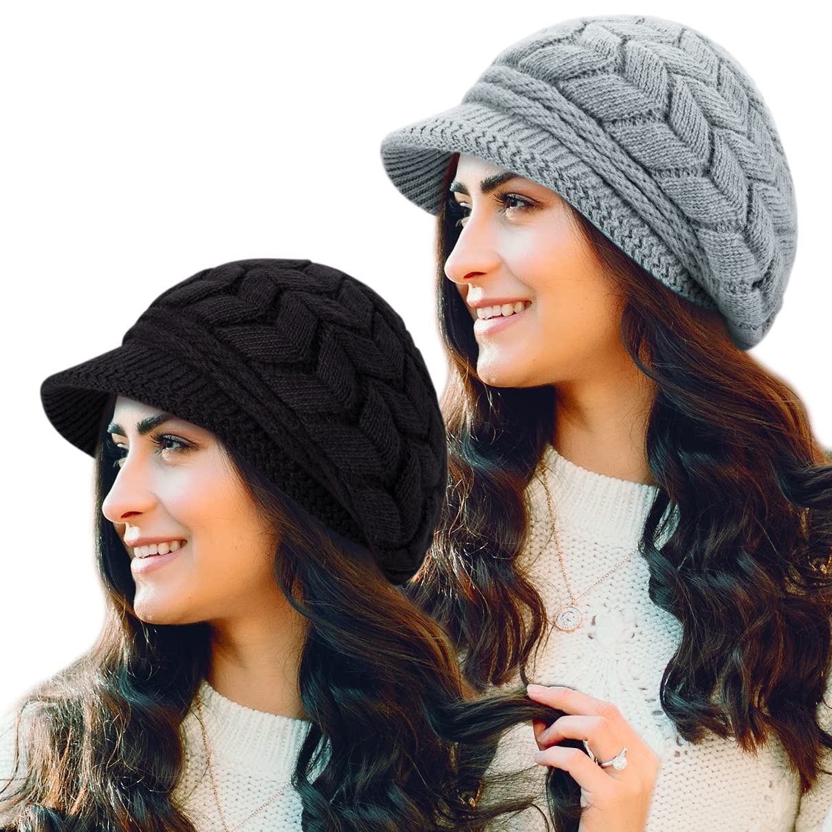 Weradau Women Winter Hat,Soft Wool Knit Beanie Hat for Women,Fleece Lined Snow Ski Caps Slouchy Winter Hat with Vsior
