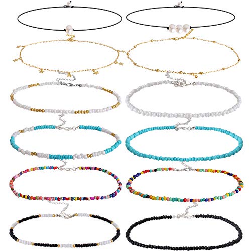 ONESING 12 Pcs Beaded Necklace Women Bohemian Necklaces for Teen Choker Necklace for Women Beaded Choker Necklace Cute Things for Teen Beach Necklaces Seed Bead Necklace