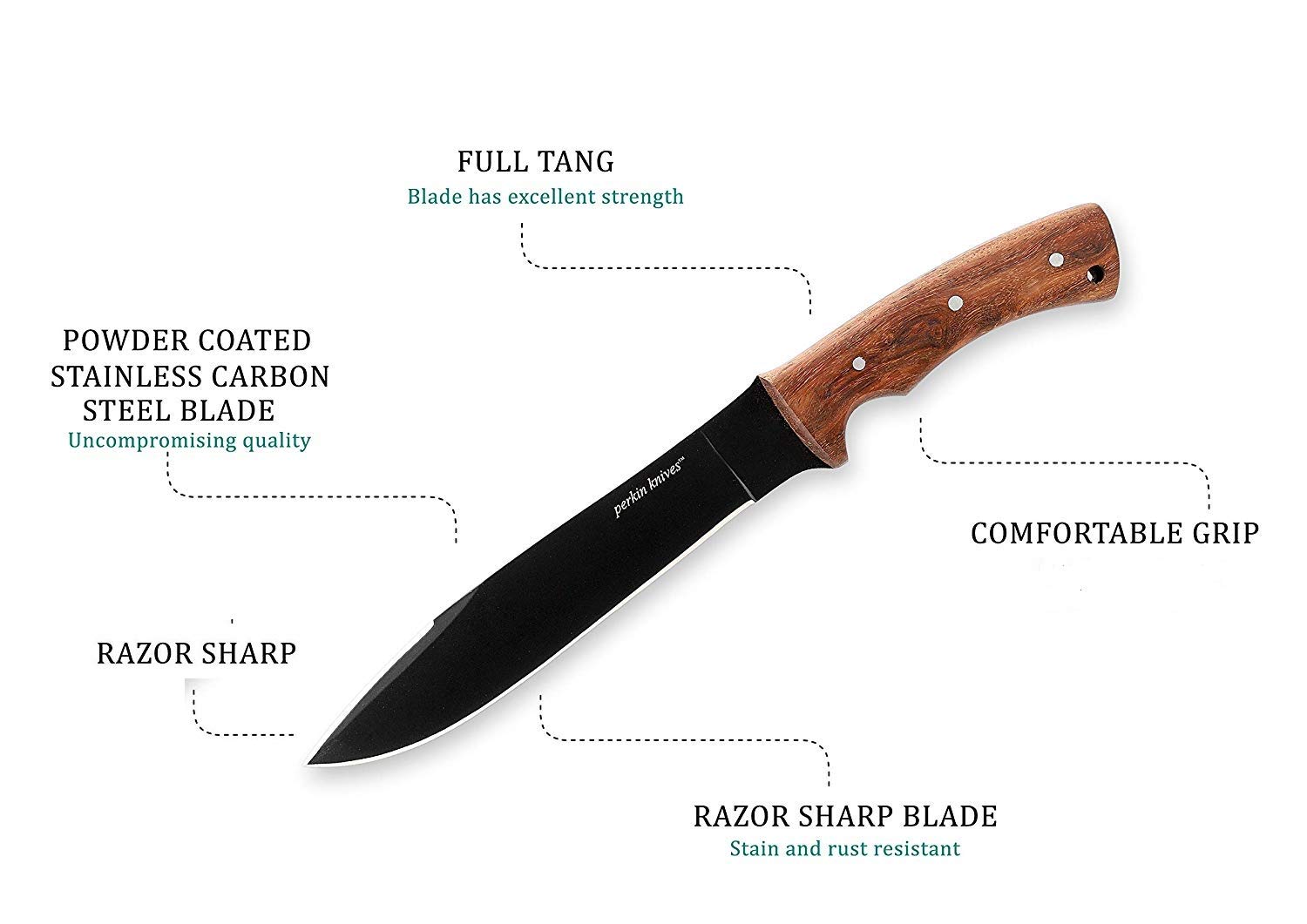 Perkin - Fixed Blade Hunting Knife - Black Carbon Steel Bushcraft Knife - 12.8 Inchs Full Tang Camping Survival Knife