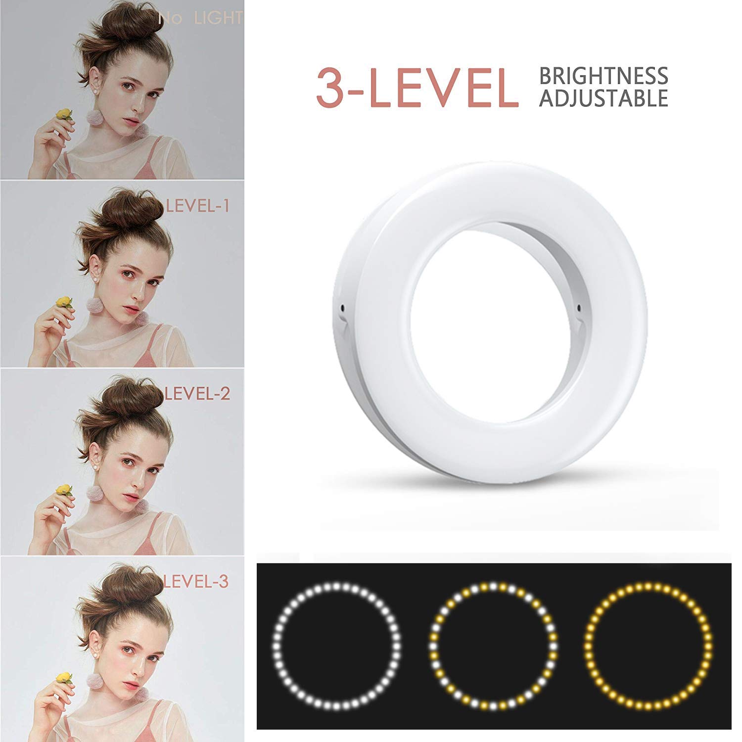 Selfie Ring Light, Oternal Selfie Light Rechargeable Portable Clip-on Selfie Fill Ring Light for iPhone Android Smart Phone Photography, Camera Video, Girl Makes up (White)