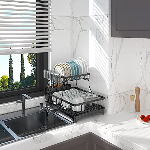 yagiya Dish Drying Rack,2-Tier Dish Racks for Kitchen Counter,Large Dish Rack with Knife case Cup Holder,Dish Drainer Organizer with Utensil Holder, Dish Drying Rack with Drain Board
